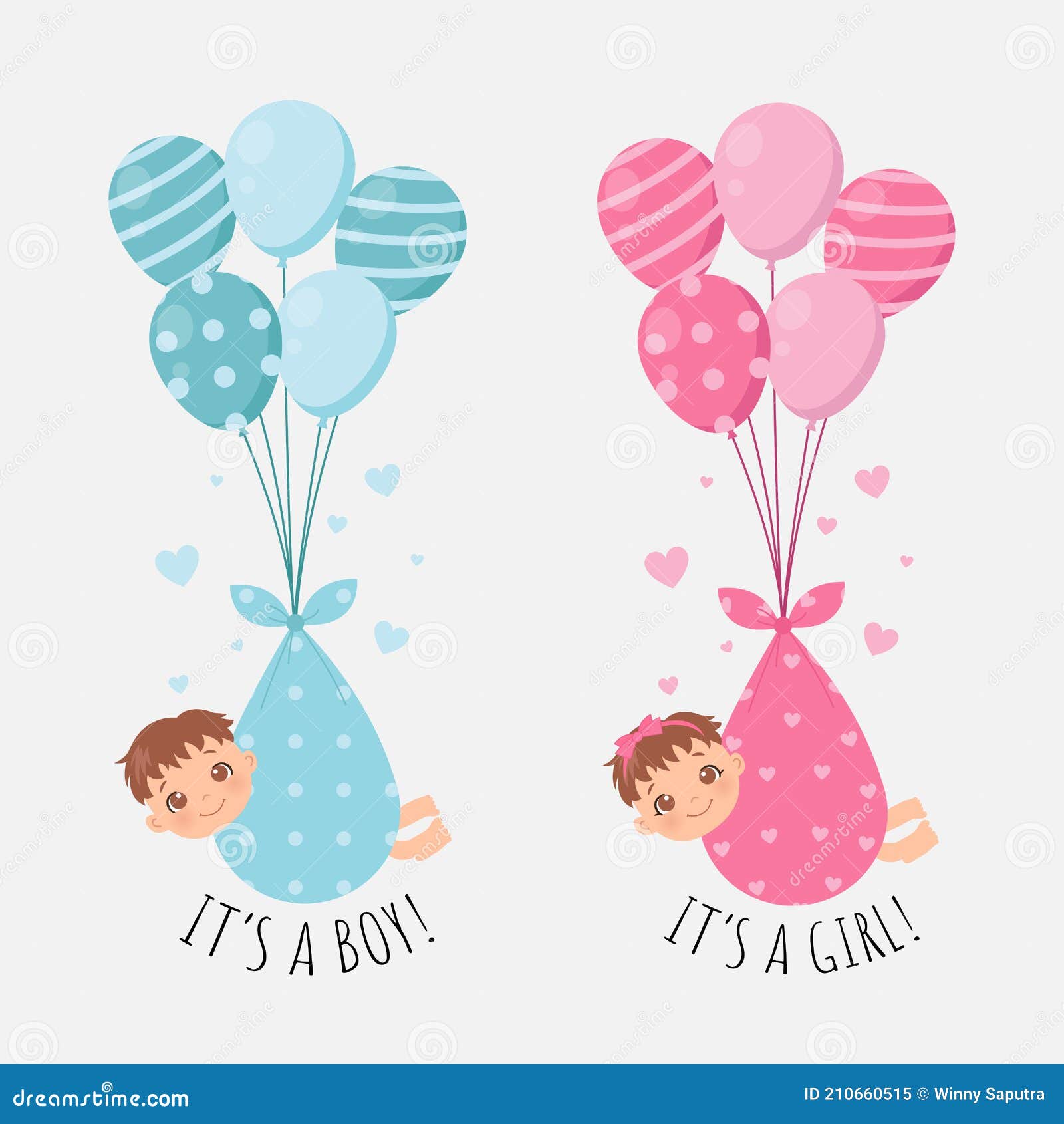 Cute Baby Gender Reveal. Girl and Boy Infant Flying with Balloons ...