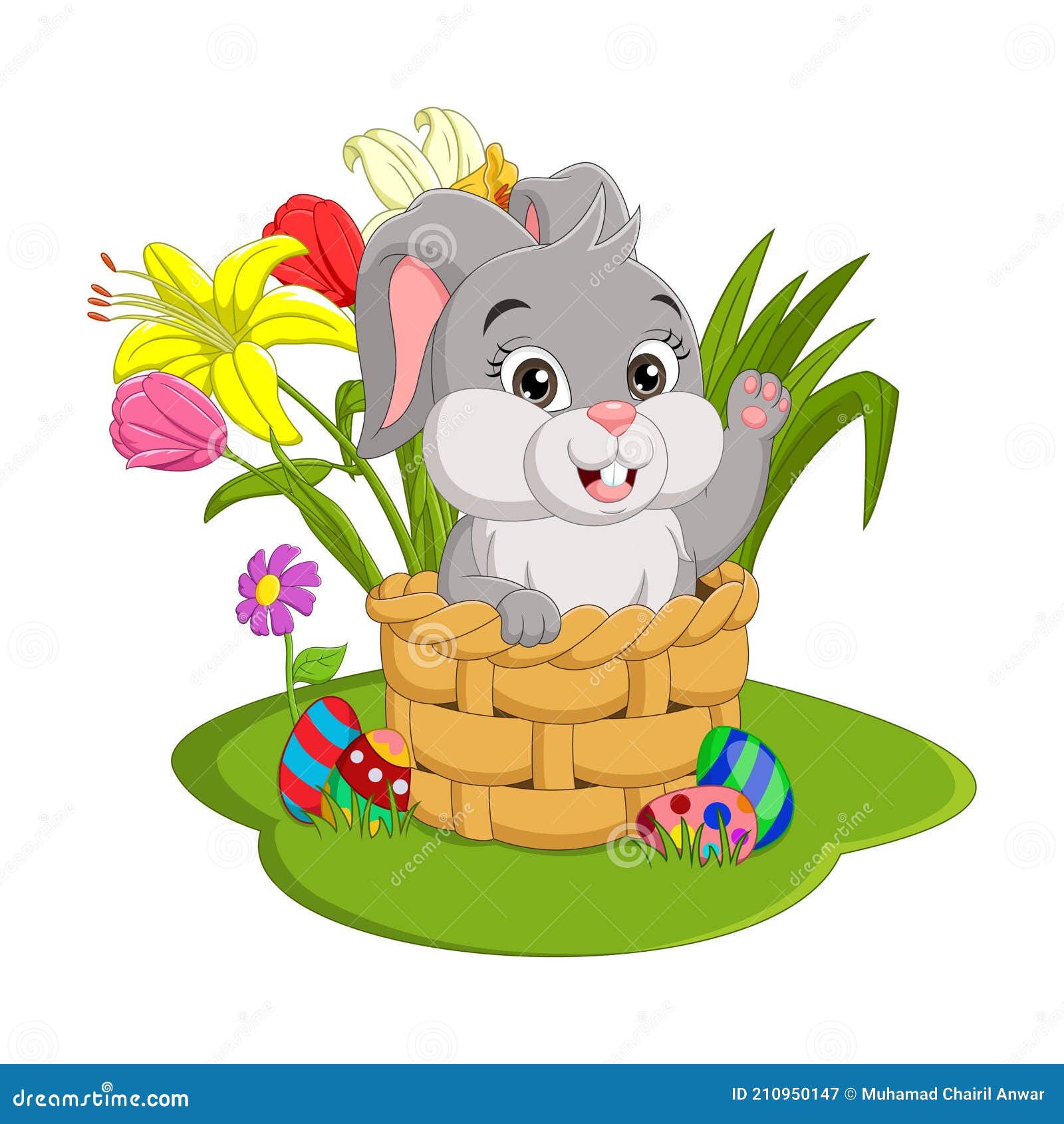Happy Easter Day Cute Easter Bunny Sitting In A Basket Stock Vector
