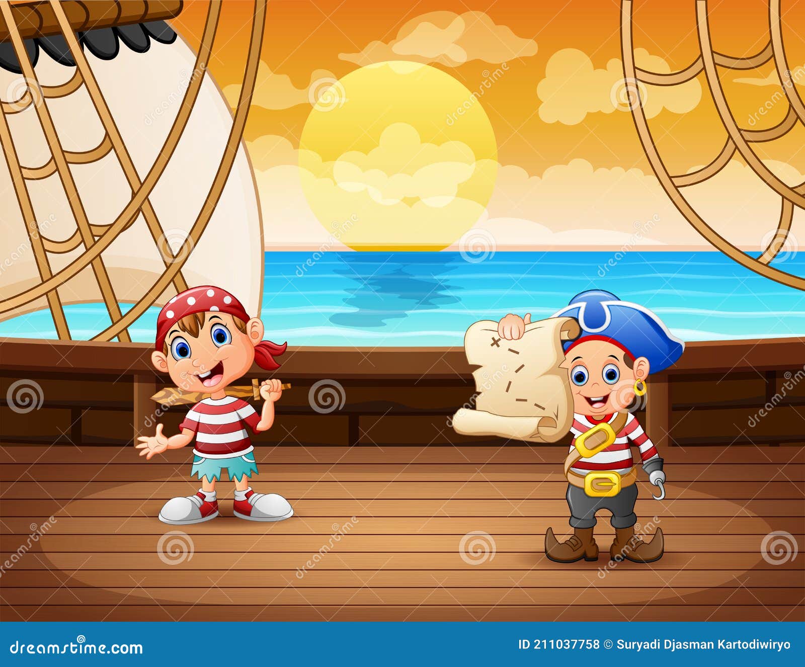 Cartoon of Two Pirate Kids on a Ship Stock Vector - Illustration of ...