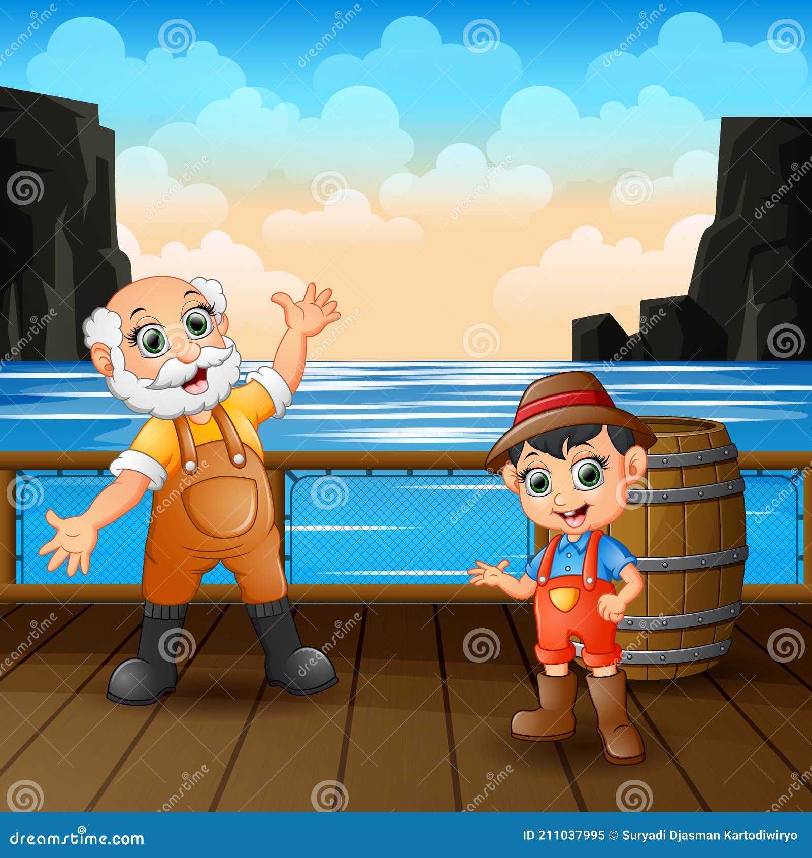 Happy Worker Mans in the Wooden Port Stock Vector - Illustration of ...