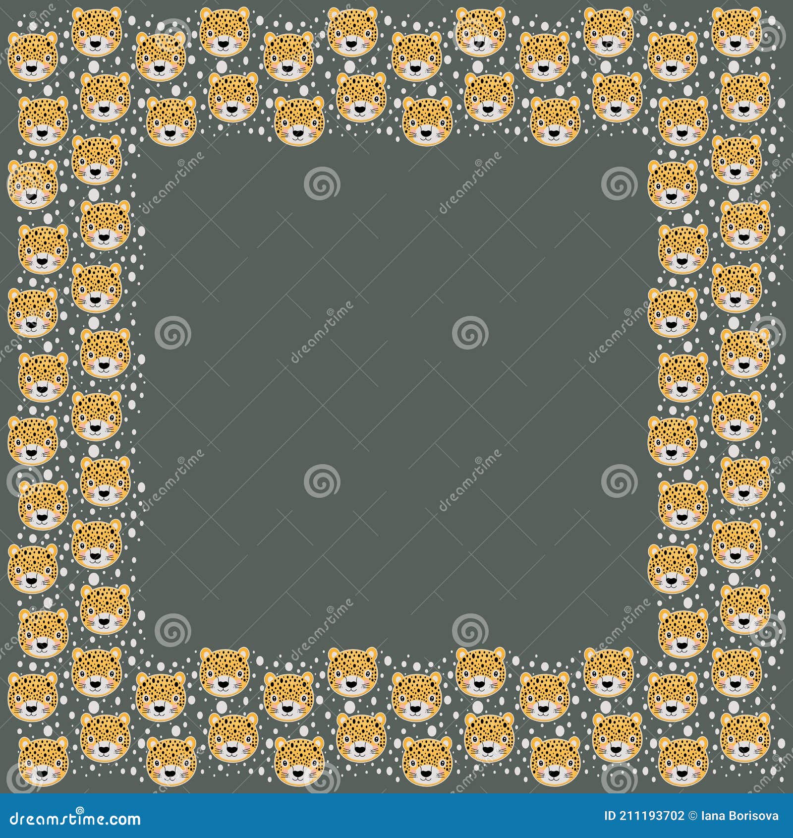 The Square Frame of Cute Cartoon Yellow Faces of Leopard. Template with ...
