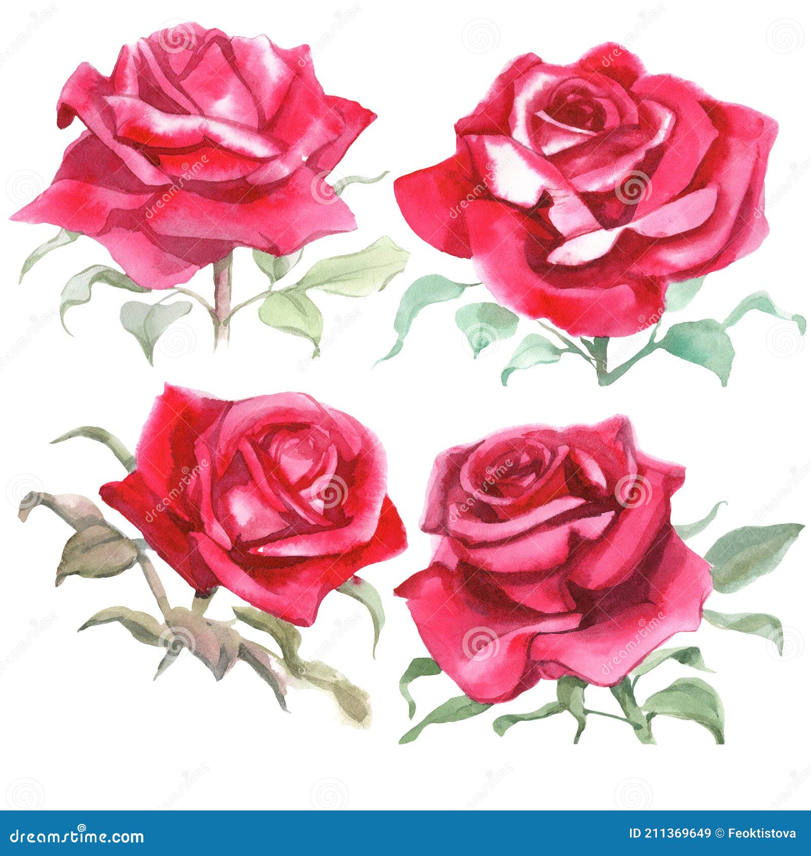 Set of Red Roses. Watercolor Illustration Stock Image - Image of ...