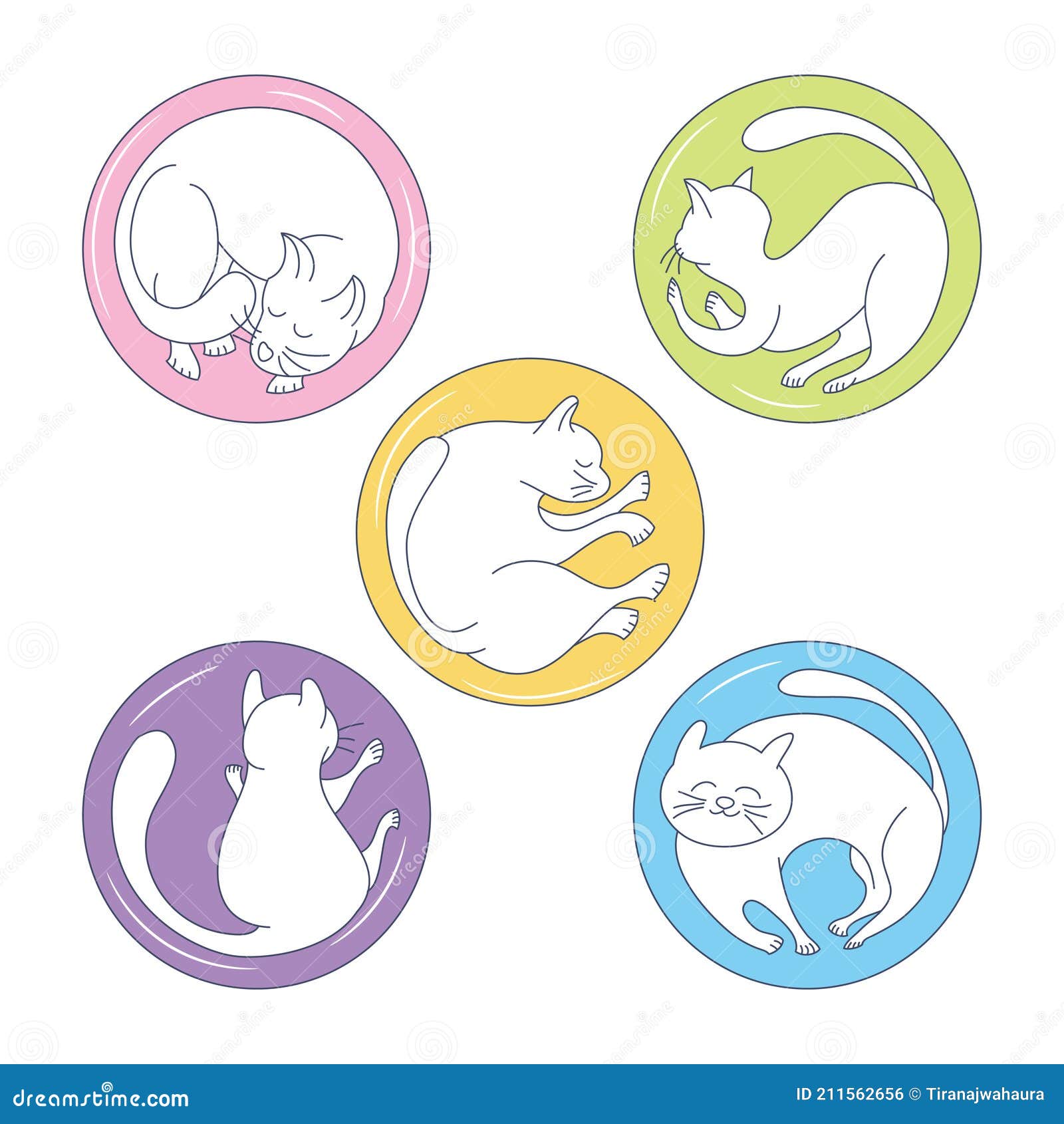 Cat Circular Position Vector Illustration, Colored Linear Style Stock ...