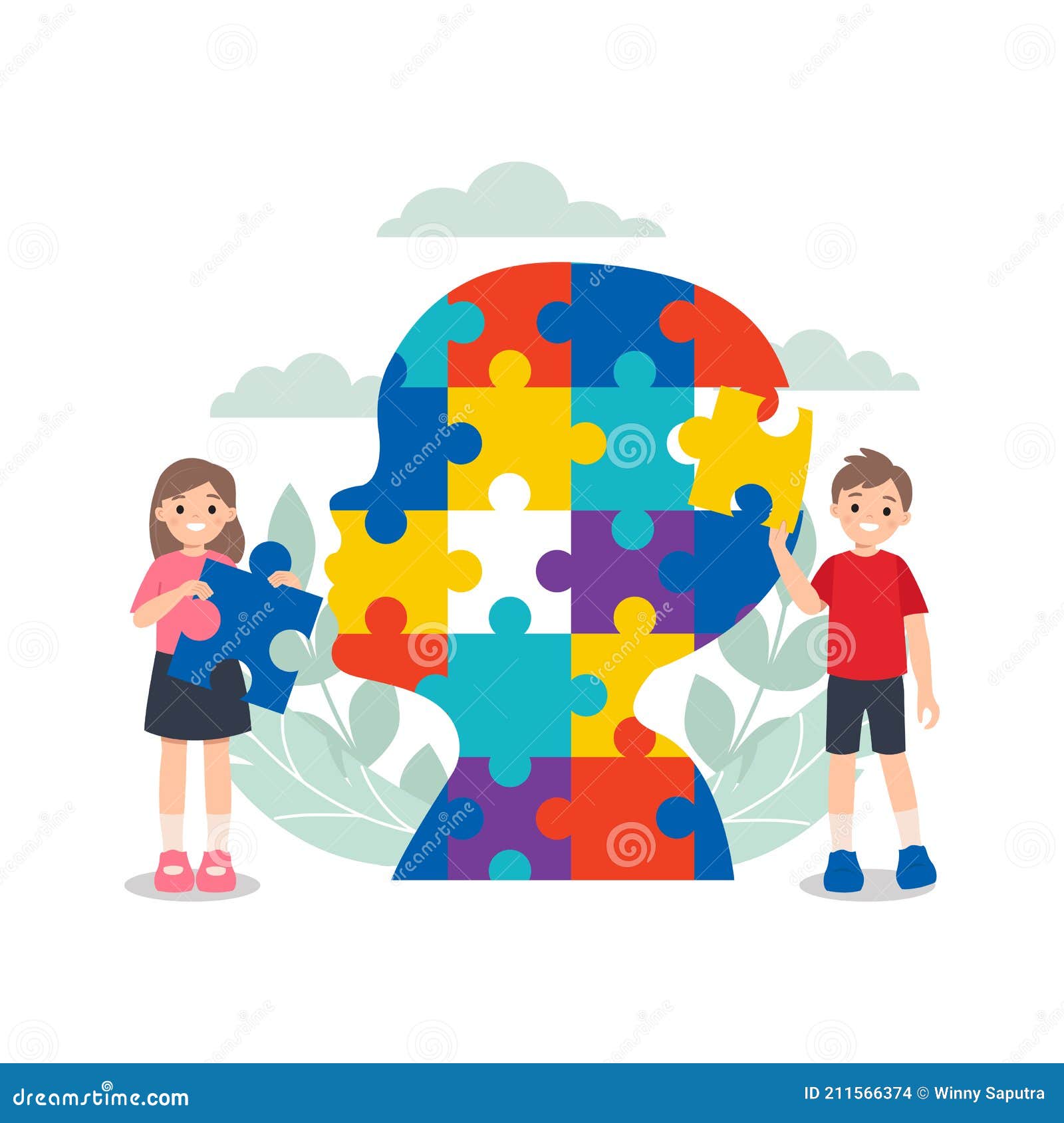 Children Playing with Colorful Head Shaped Jigsaw Puzzle. Stock Vector ...