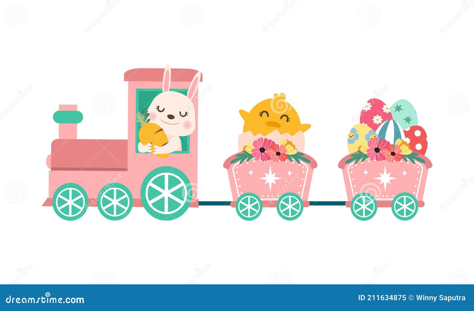Cute Pink Easter Train with Rabbit and Chick. Happy Easter Celebration ...