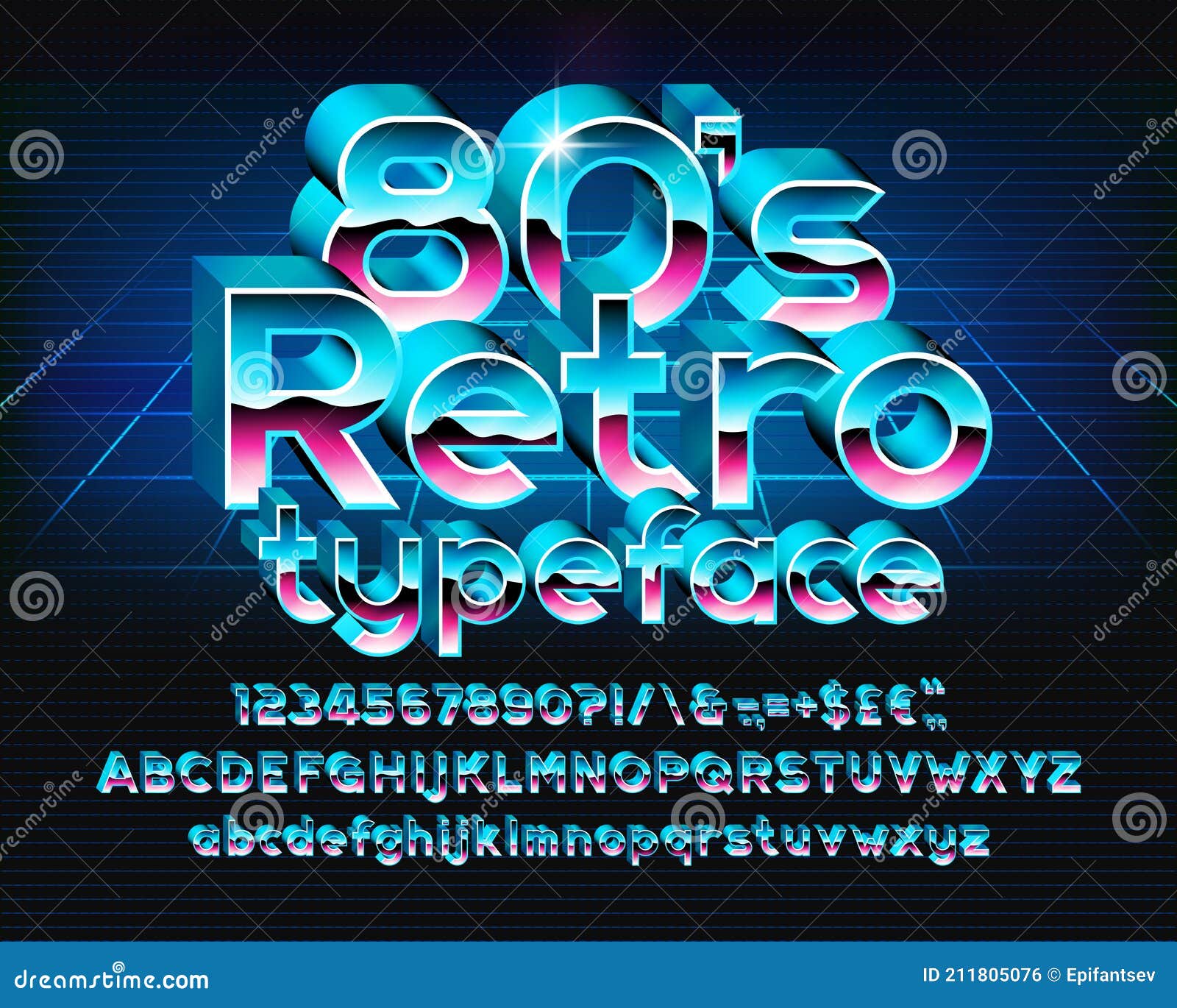 80s Retro Alphabet Font. 3D Letters, Numbers And Punctuations In 80s ...