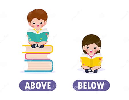 Words Above and Below with Cartoon Characters Cute Kids Reading Book ...