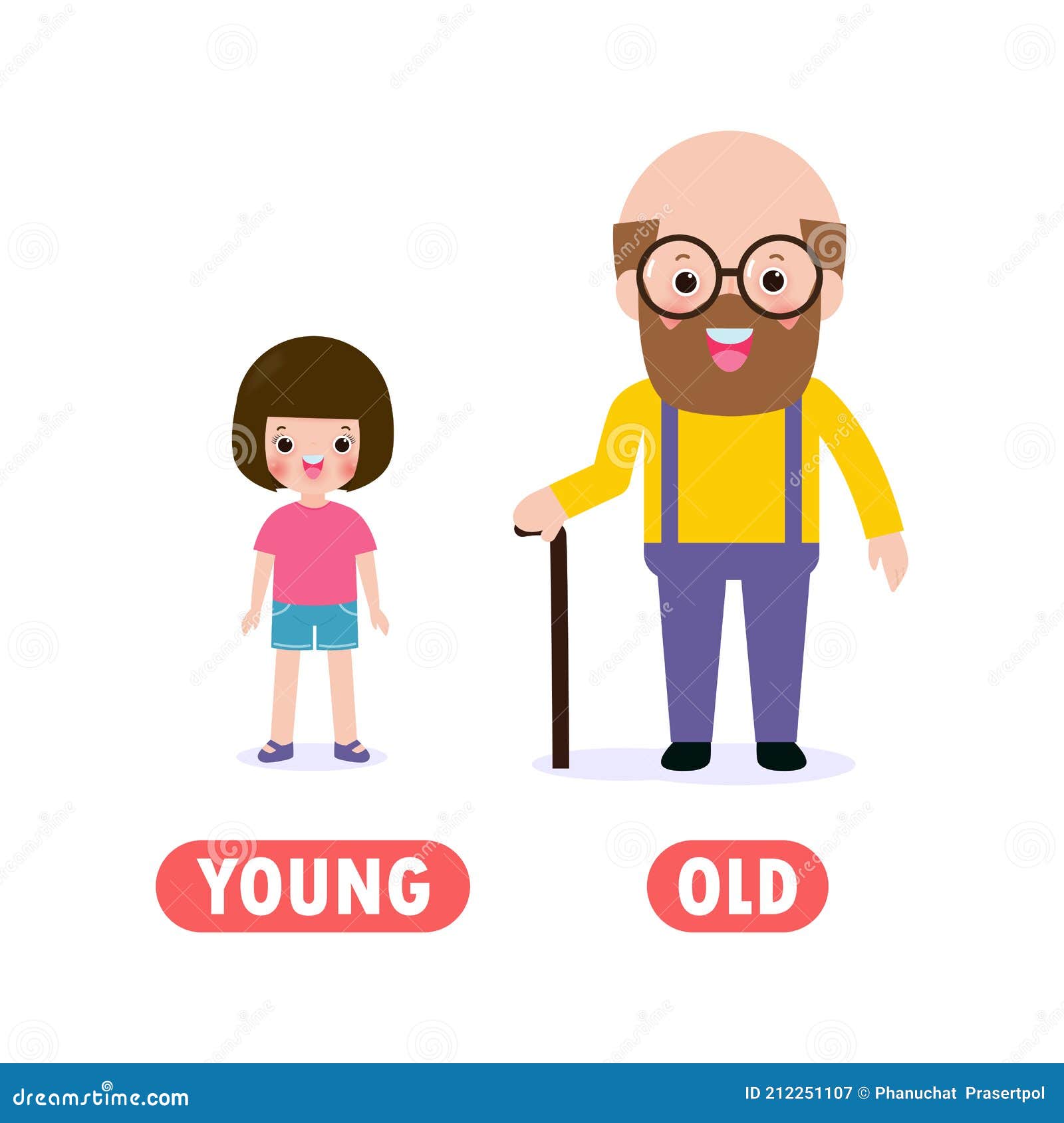 Opposite Young And Old, Words Antonym For Children With Cartoon ...