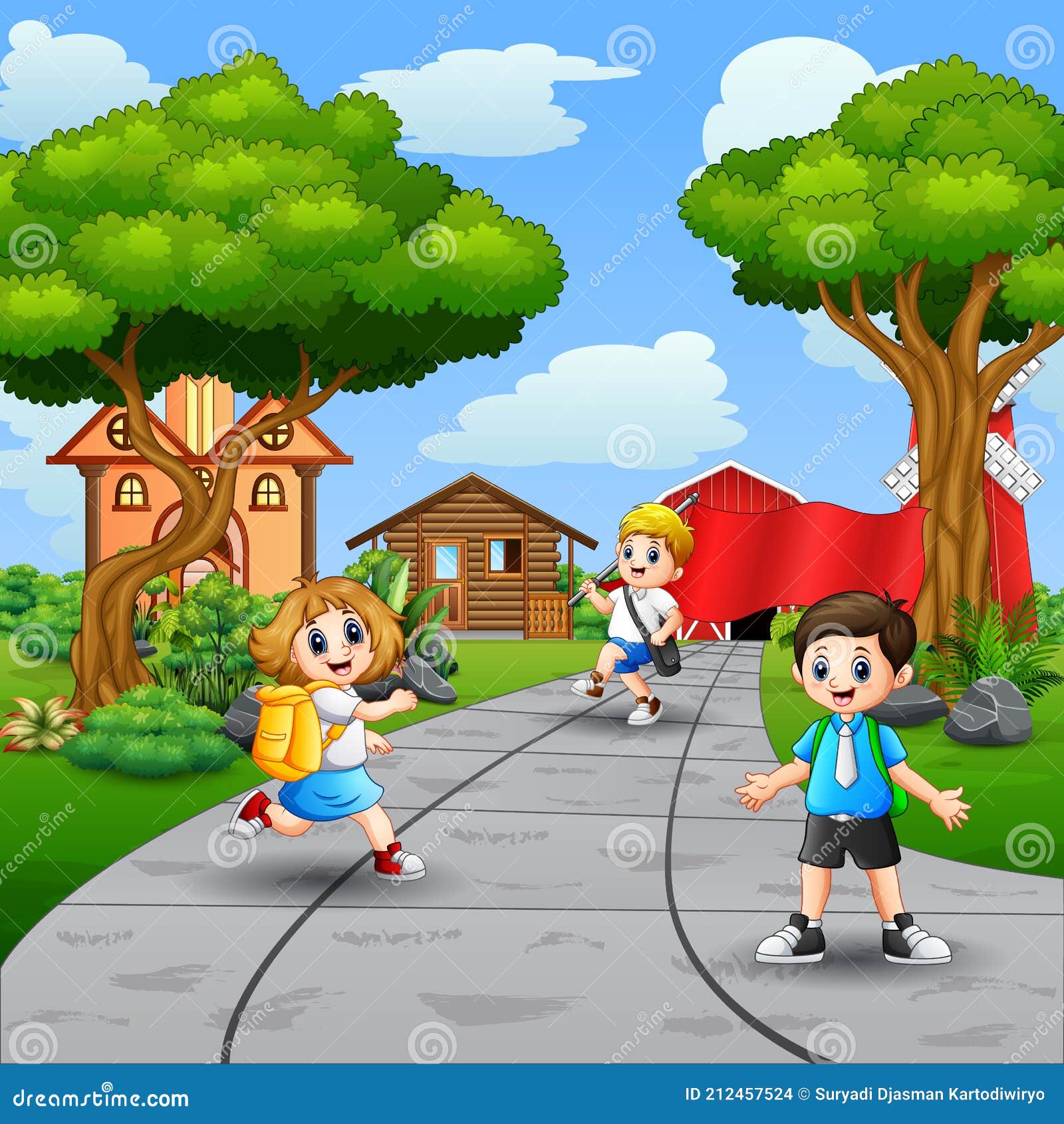 Happy School Kids Walking on the Road Stock Vector - Illustration of ...