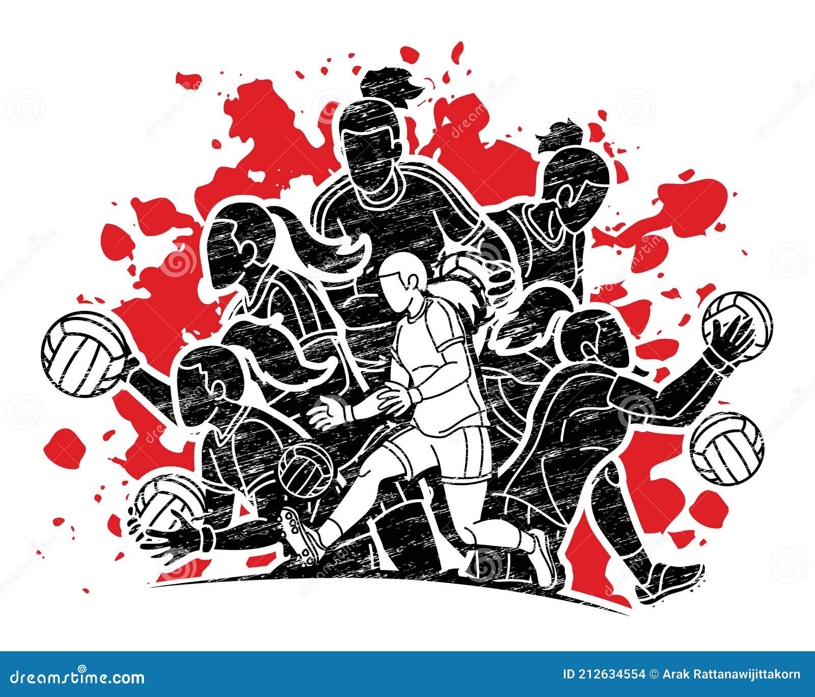 Group of Gaelic Football Female Players Sport Action Cartoon Graphic ...