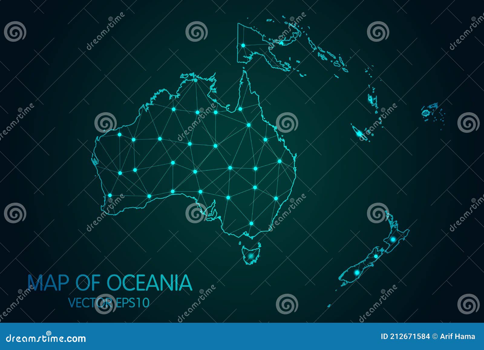 Map of Oceania - with Glowing Point and Lines Scales on the Dark ...