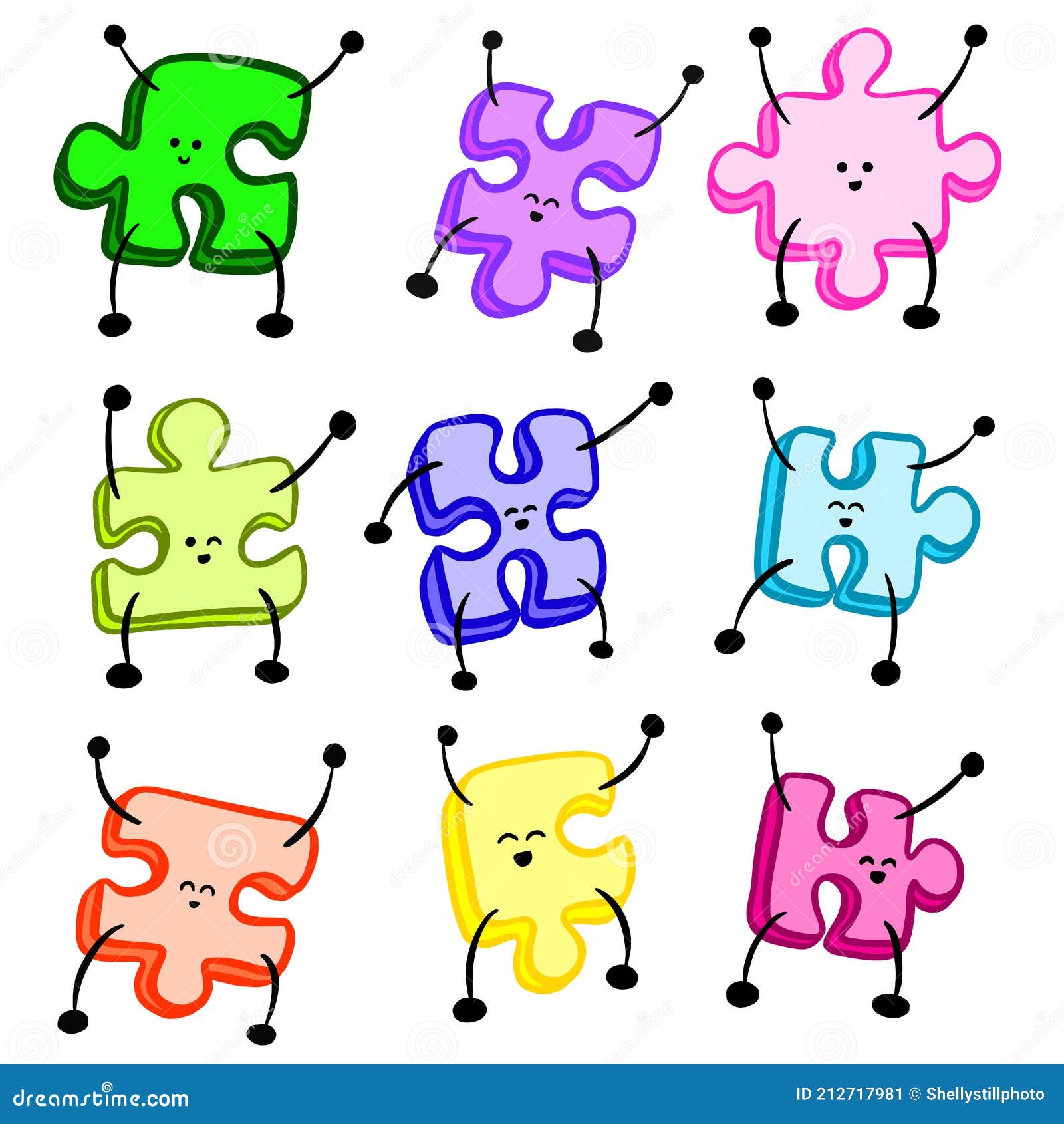 Cute Cartoon Jigsaw Characters with Faces Vector Illustration ...