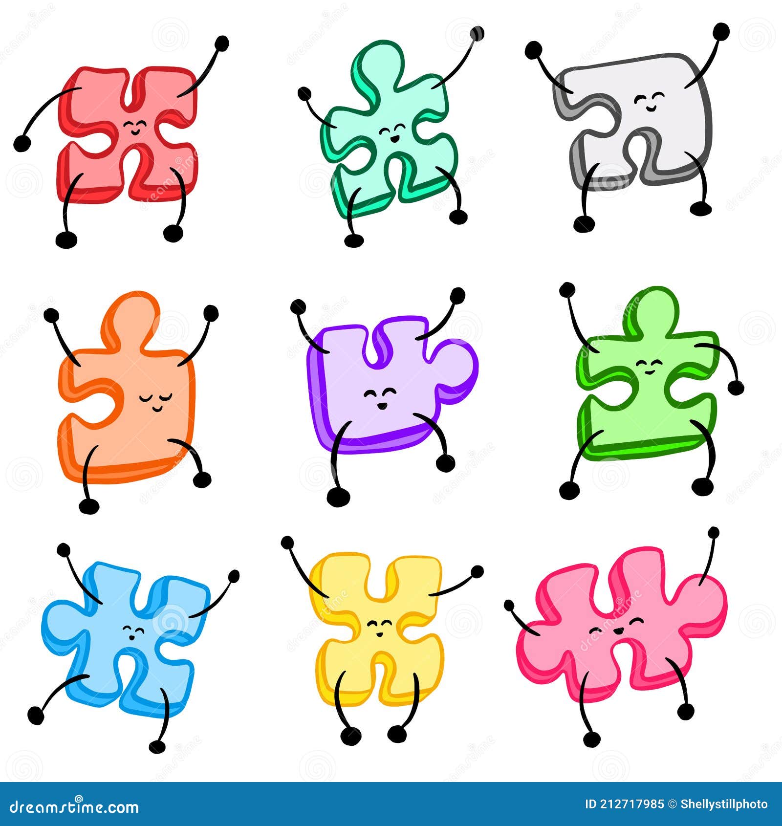 Cute Cartoon Jigsaw Characters with Faces Vector Illustration ...