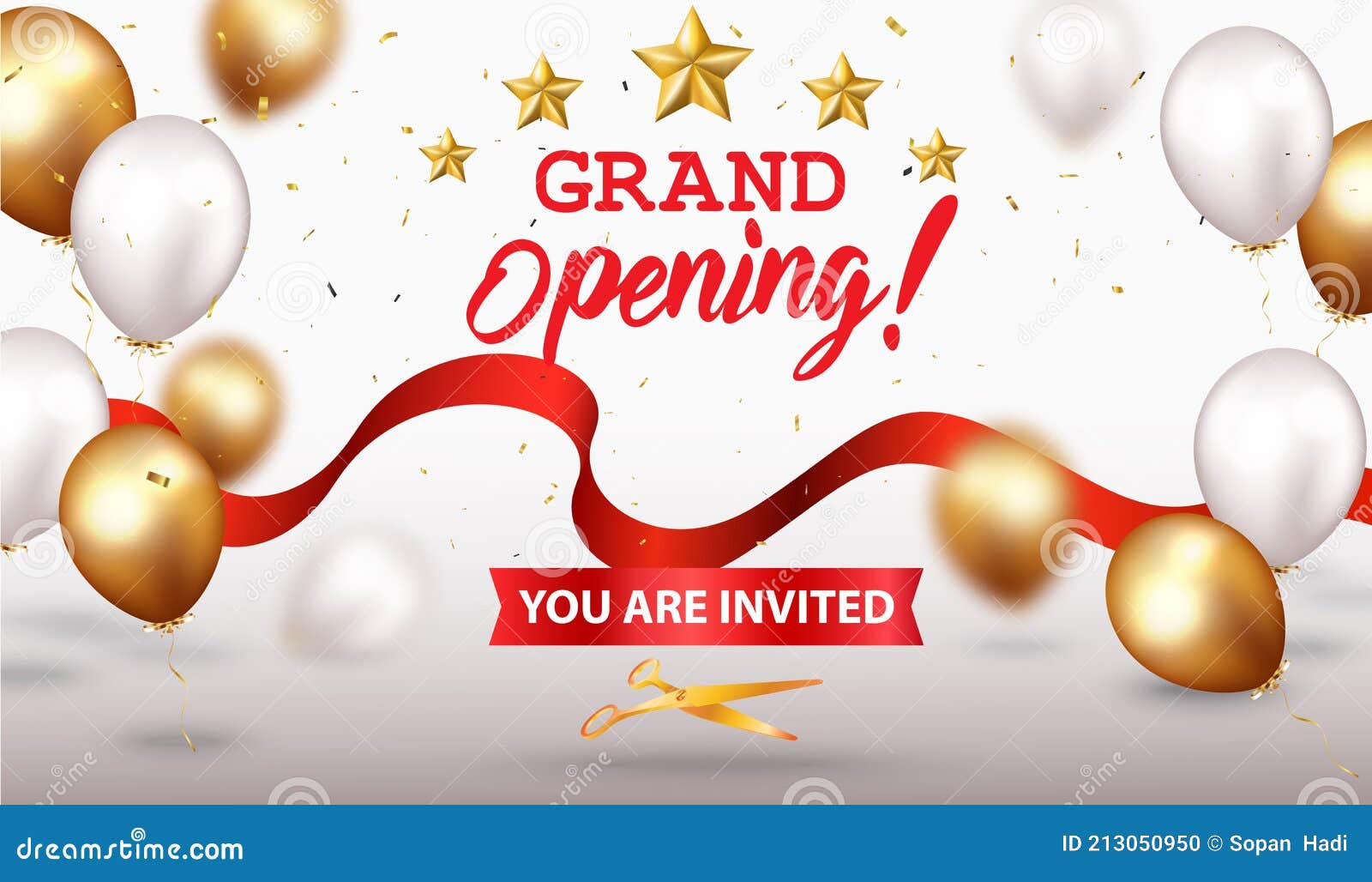 Grand Opening Card Design with Red Ribbon and Gold Confetti Stock ...