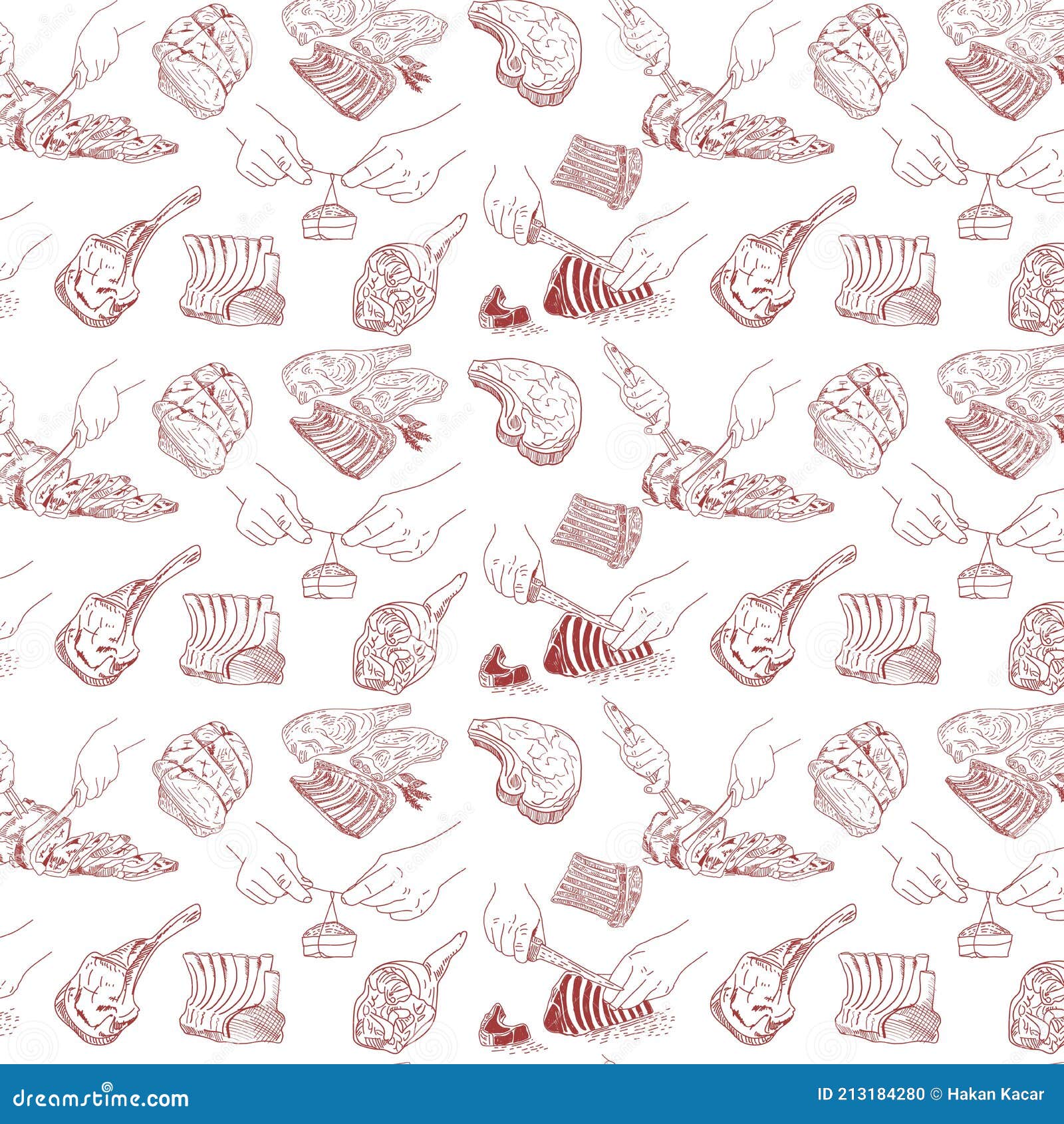 Hand Drawn Meat Steak Beef And Pork Lamb Seamless Pattern Vector