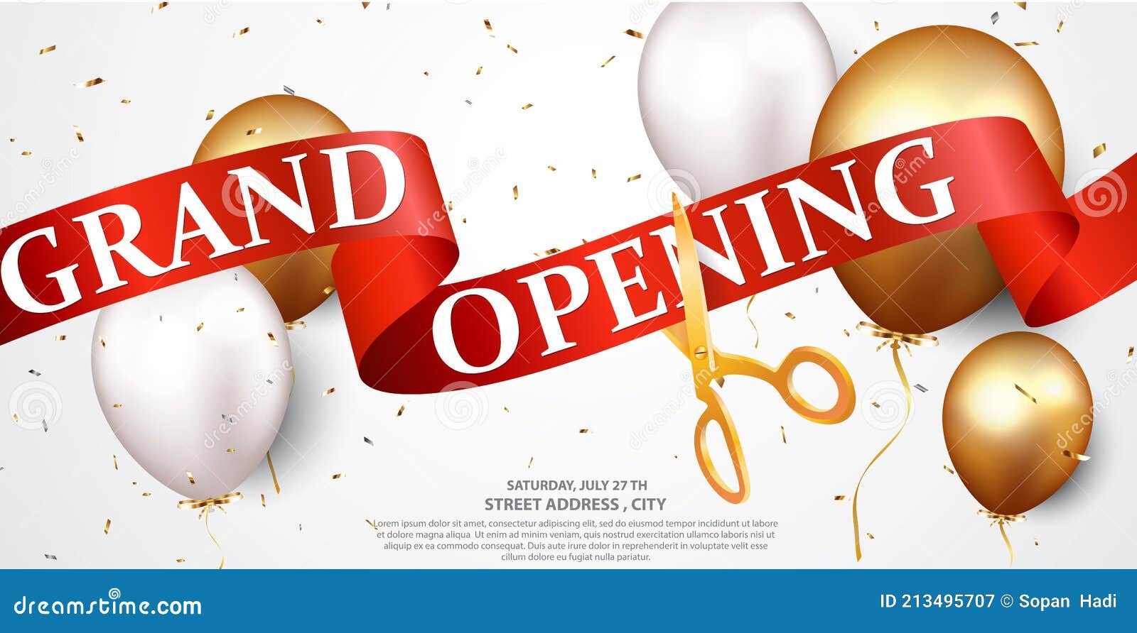 Grand Opening Card Design with Red Ribbon and Gold Confetti Stock ...