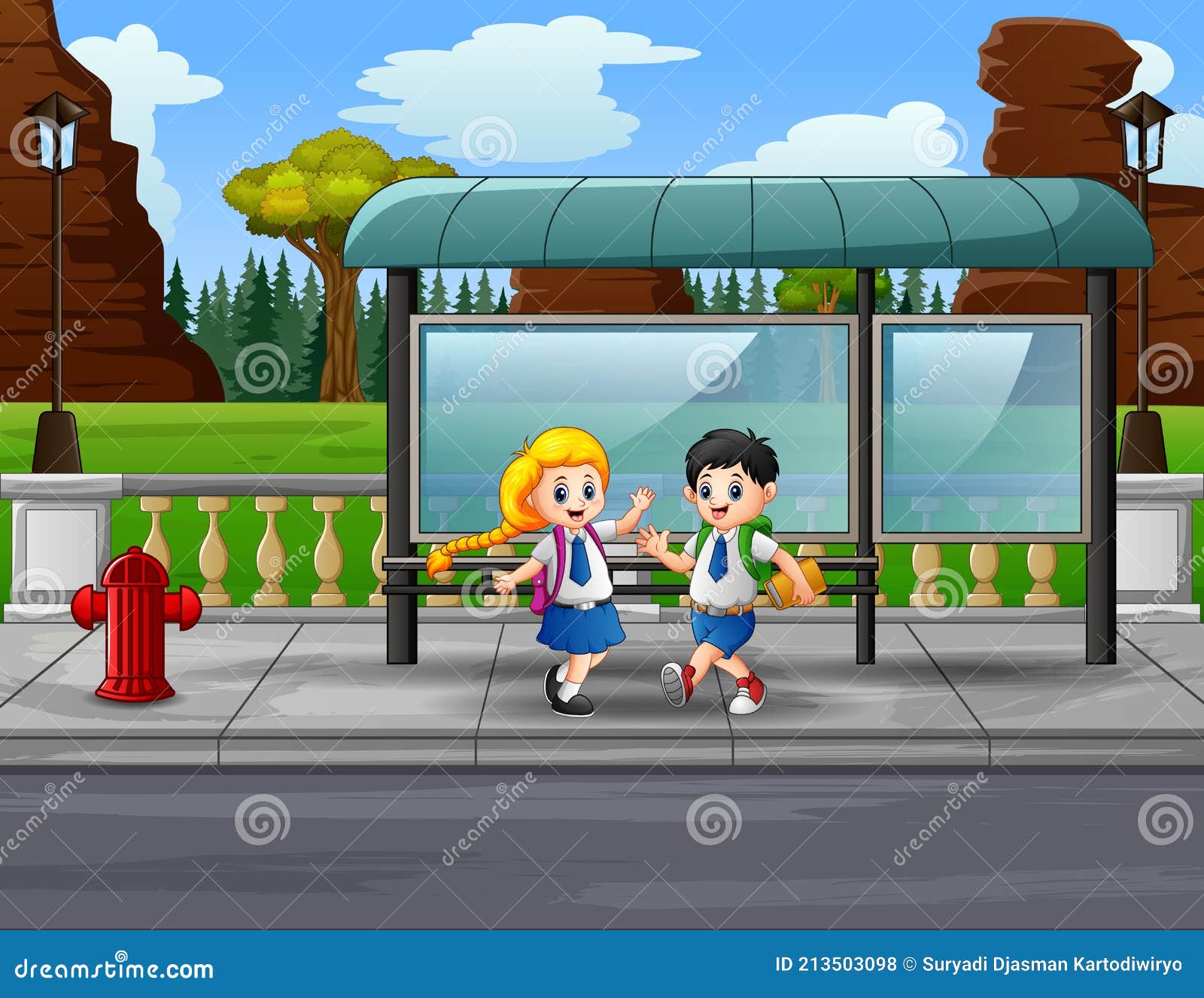 Happy School Children at the Bus Stop Stock Vector - Illustration of ...