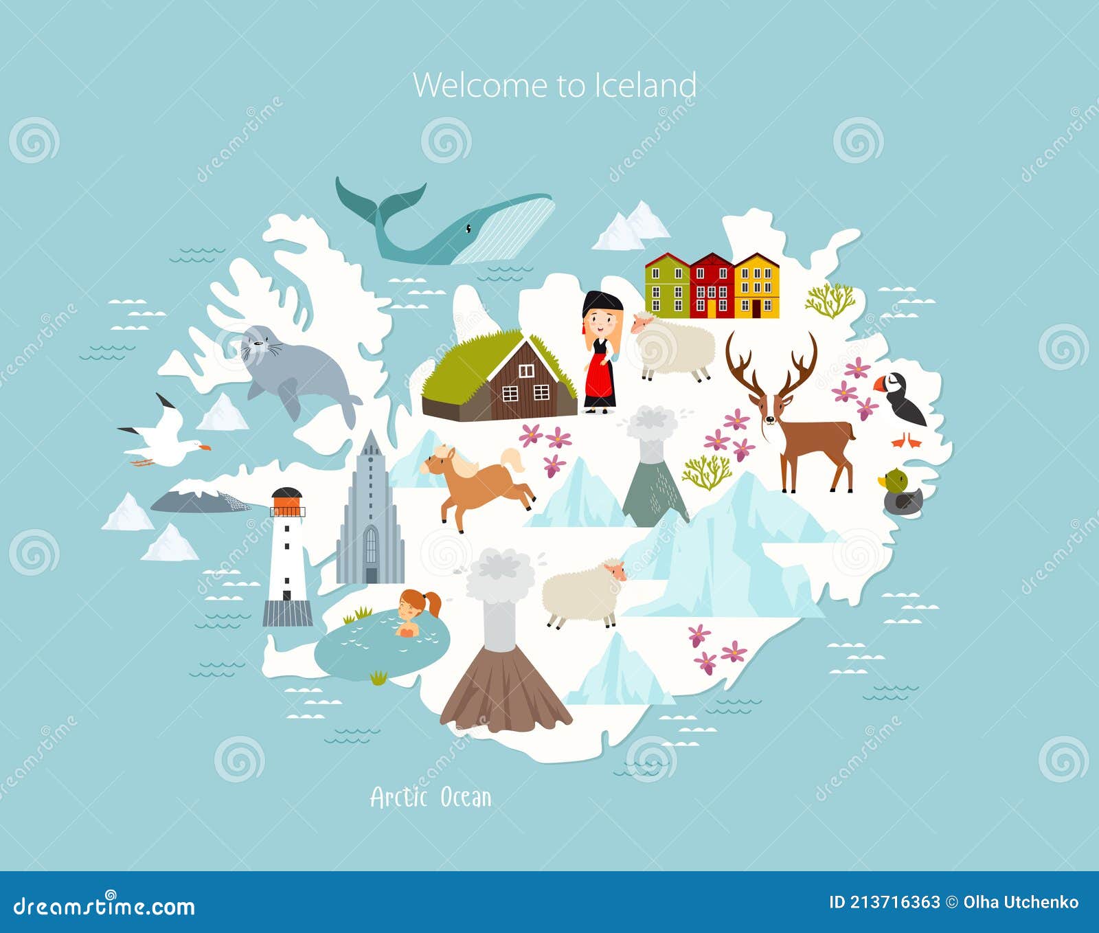 Print. Iceland Vector Map. Animals and Sights of Iceland. Reykjavik ...
