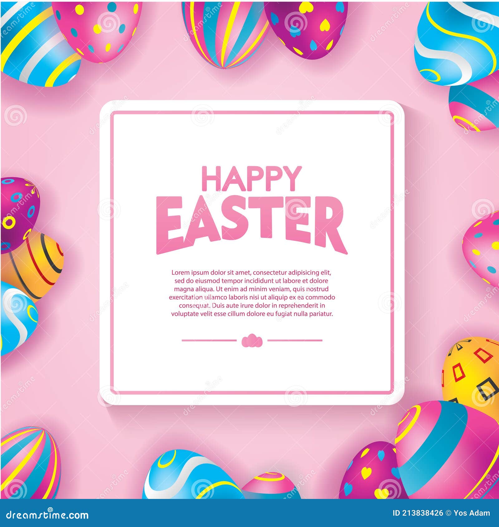 Pink Happy Easter Card with Colorful Eggs. Easter Day Celebration ...