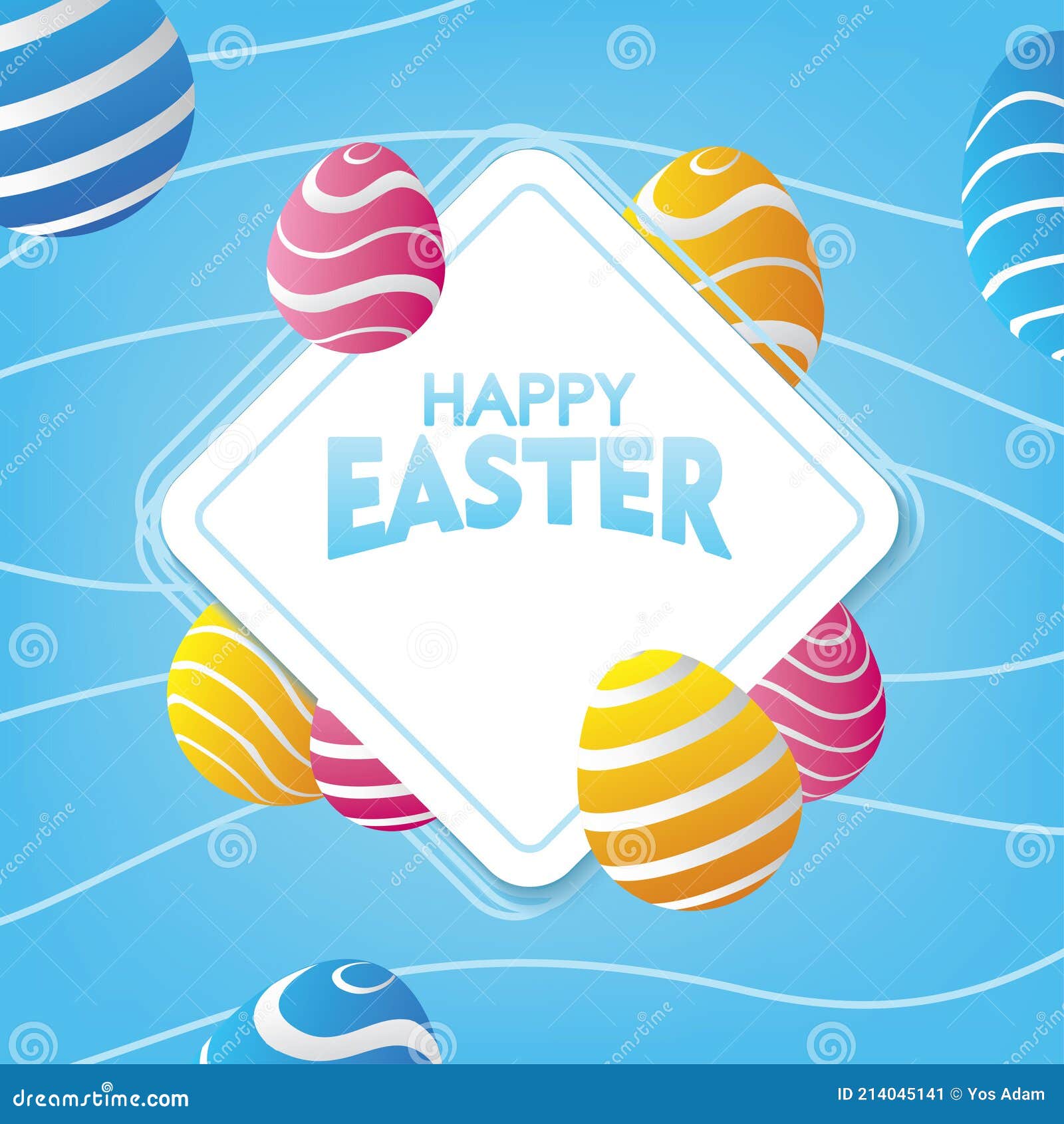 Blue Happy Easter Card with Colorful Eggs. Easter Day Background Vector ...
