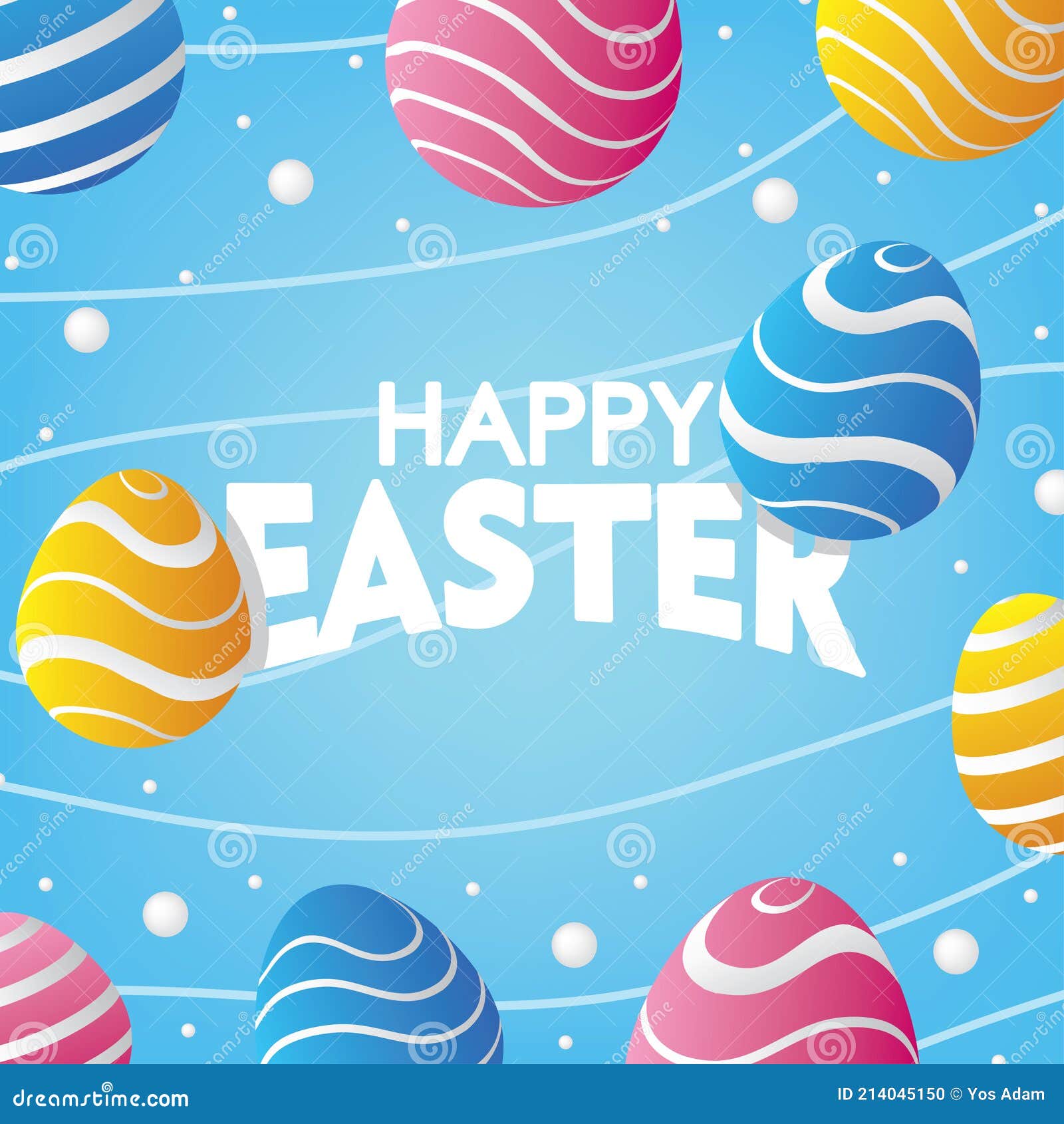 Blue Happy Easter Card with Colorful Eggs. Easter Day Background Vector ...