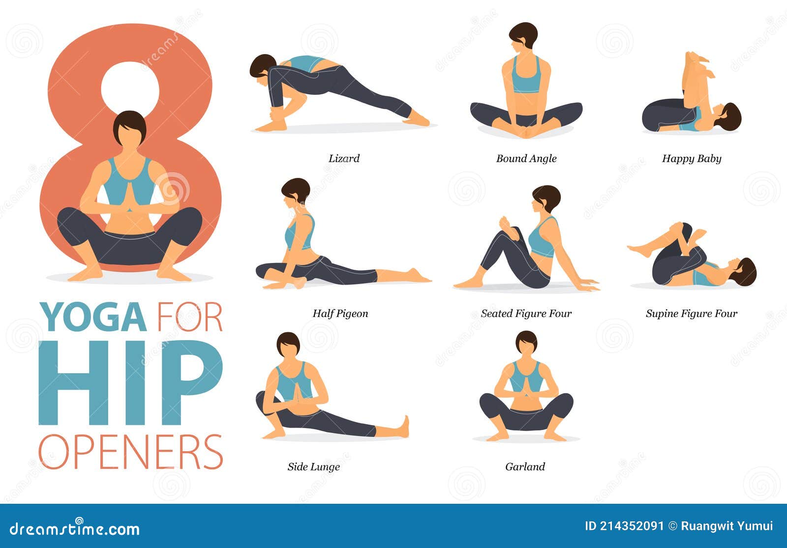 8 Yoga Poses or Asana Posture for Workout in Hip Openers Concept. Women ...