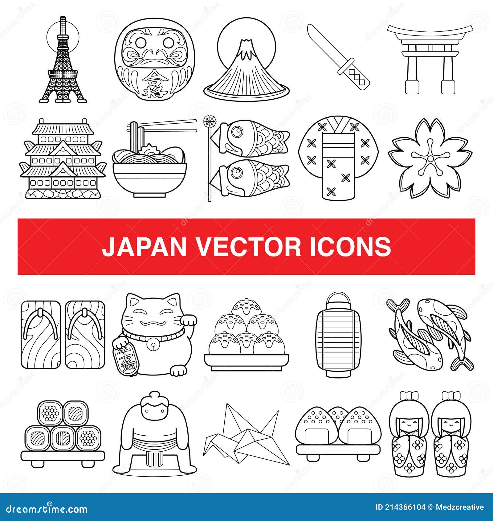 Japan Vector Icons in Outline Style. Stock Vector - Illustration of ...
