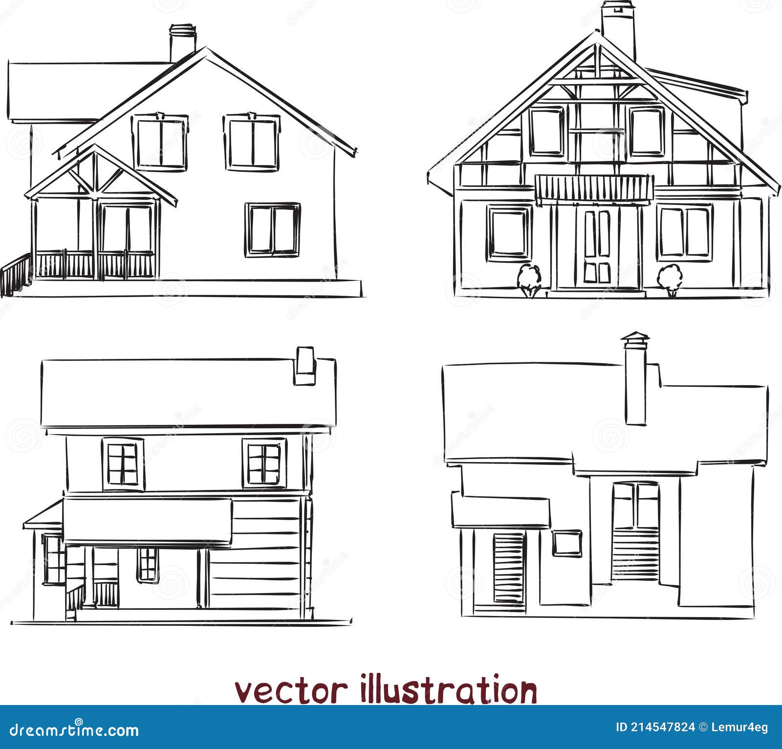 Vector Sketch of Wooden and Brick Houses Stock Vector - Illustration of ...