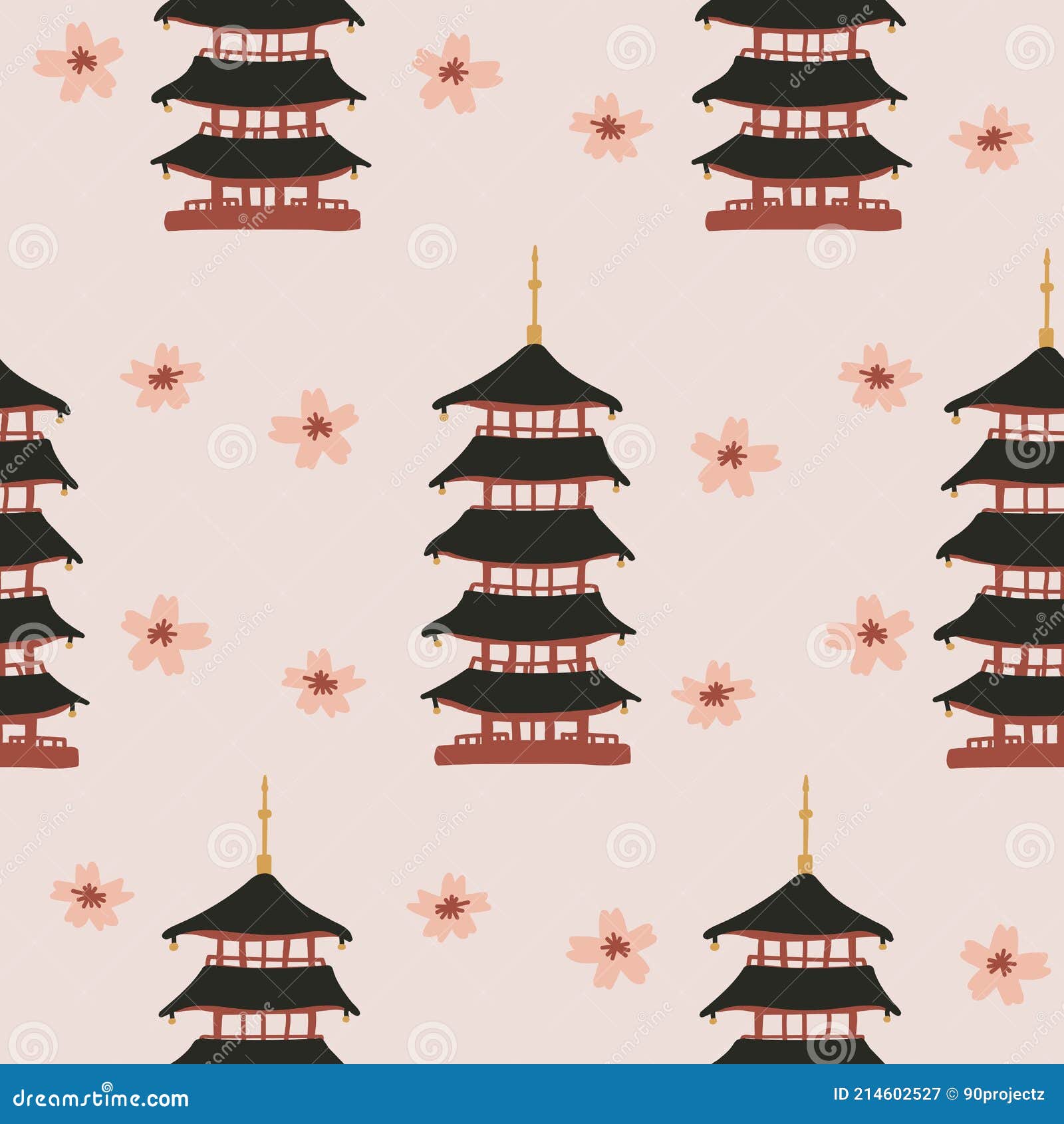 Hand Drawn Kawaii Japanese Pagoda Building Ilustration, Seamless ...