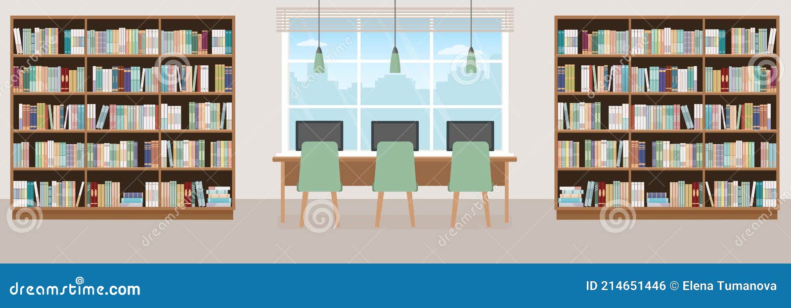 Library. Modern Public Library Interior With Bookshelves, Chairs, Desks ...