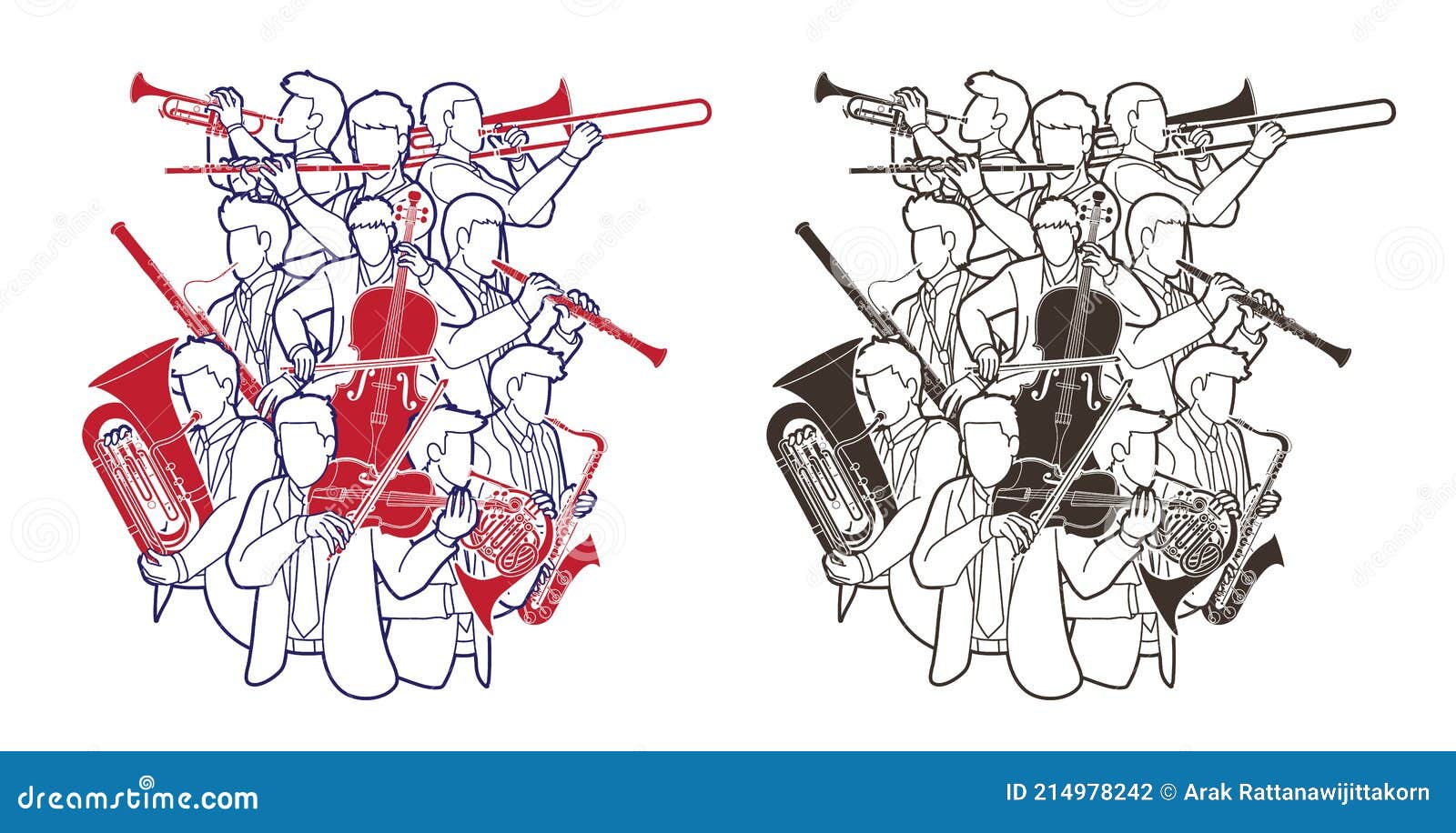 Group of Musician Orchestra Instrument Cartoon Outline Graphic Vector ...