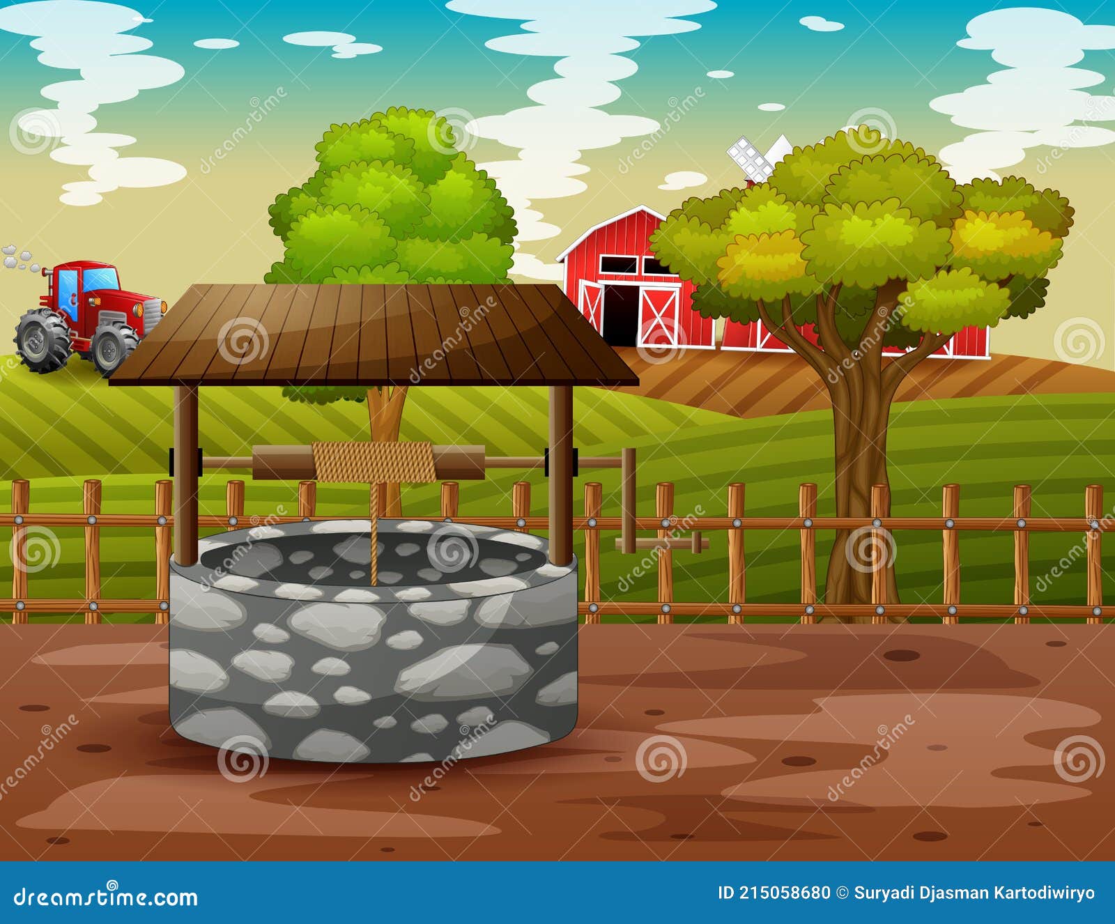 A Stone Well with Farm Landscape Stock Vector - Illustration of home ...