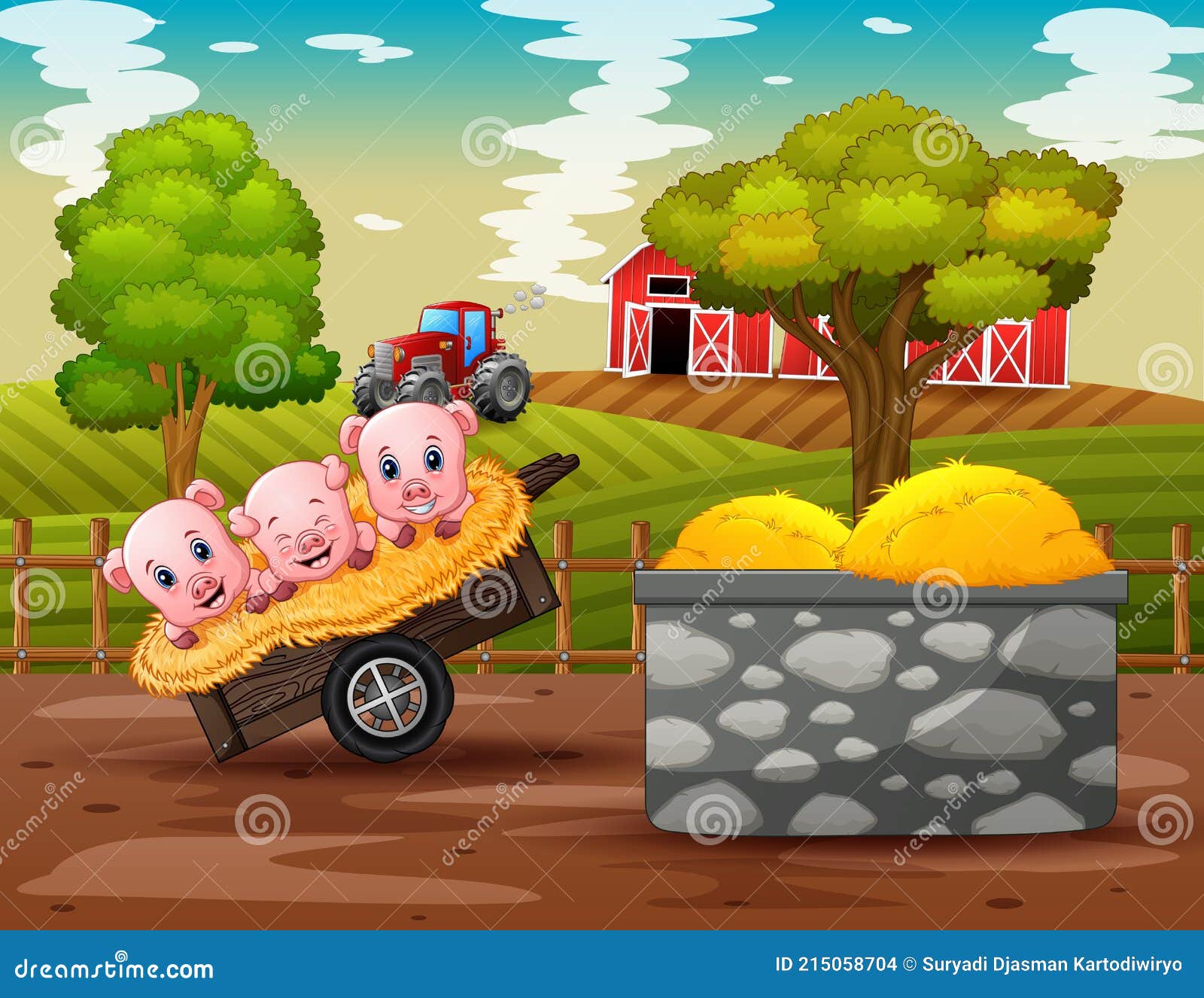 Farm Scene with Three Little Pigs on the Cart Stock Vector ...