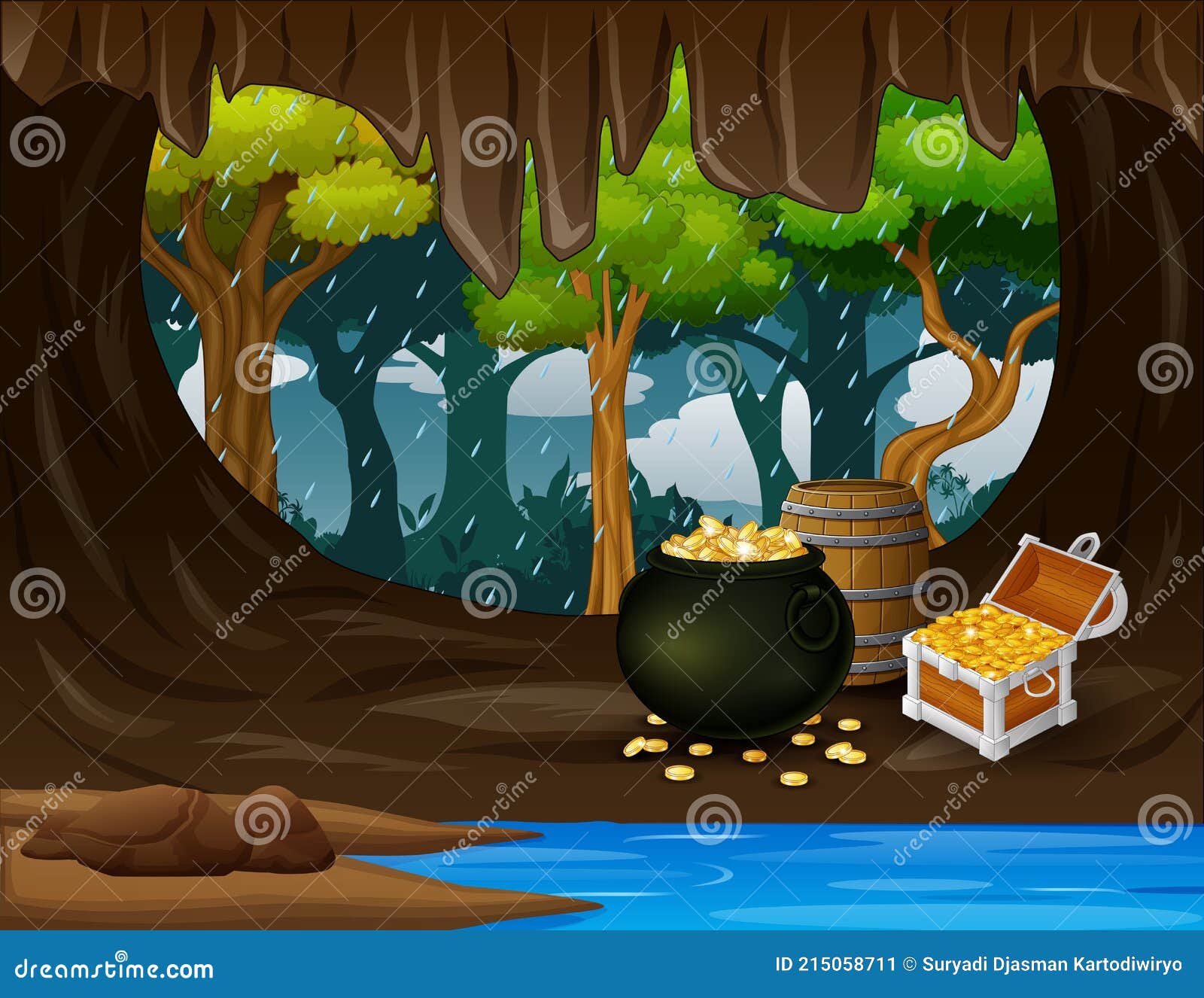 Treasure Cave with Golden Coins in Chest and Wooden Barrel Stock Vector ...