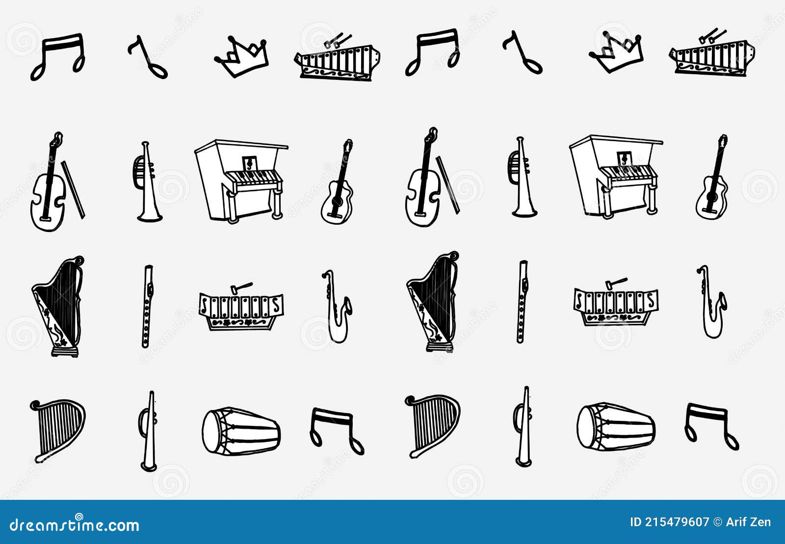 Set of Musical Instrument with Notes and Crown. Musical Instrument ...