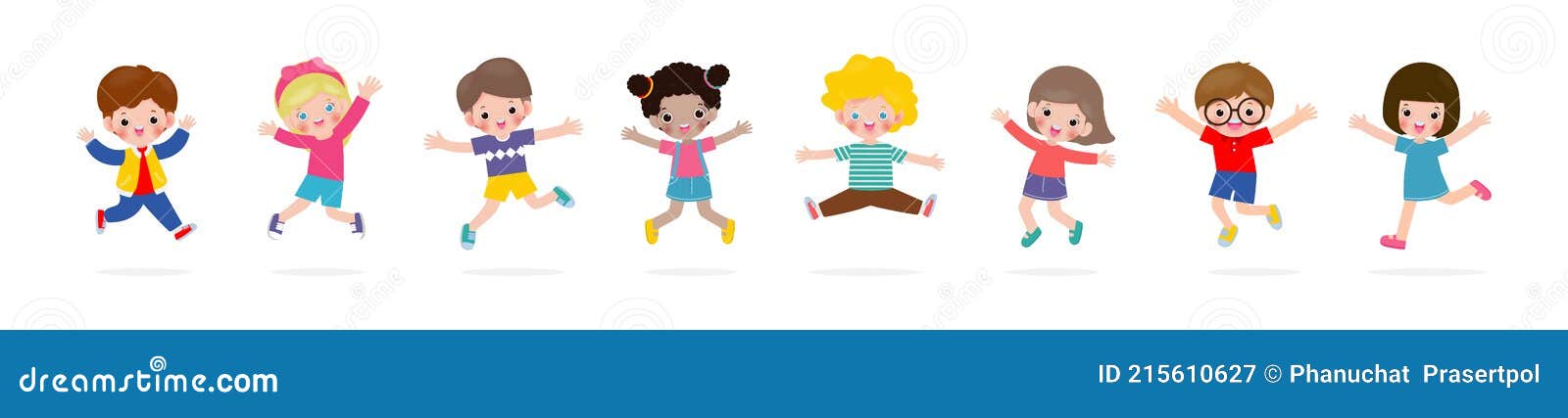 Set Group Collection Of Cute Kids Joyfully Jumping And Laughing Banner ...