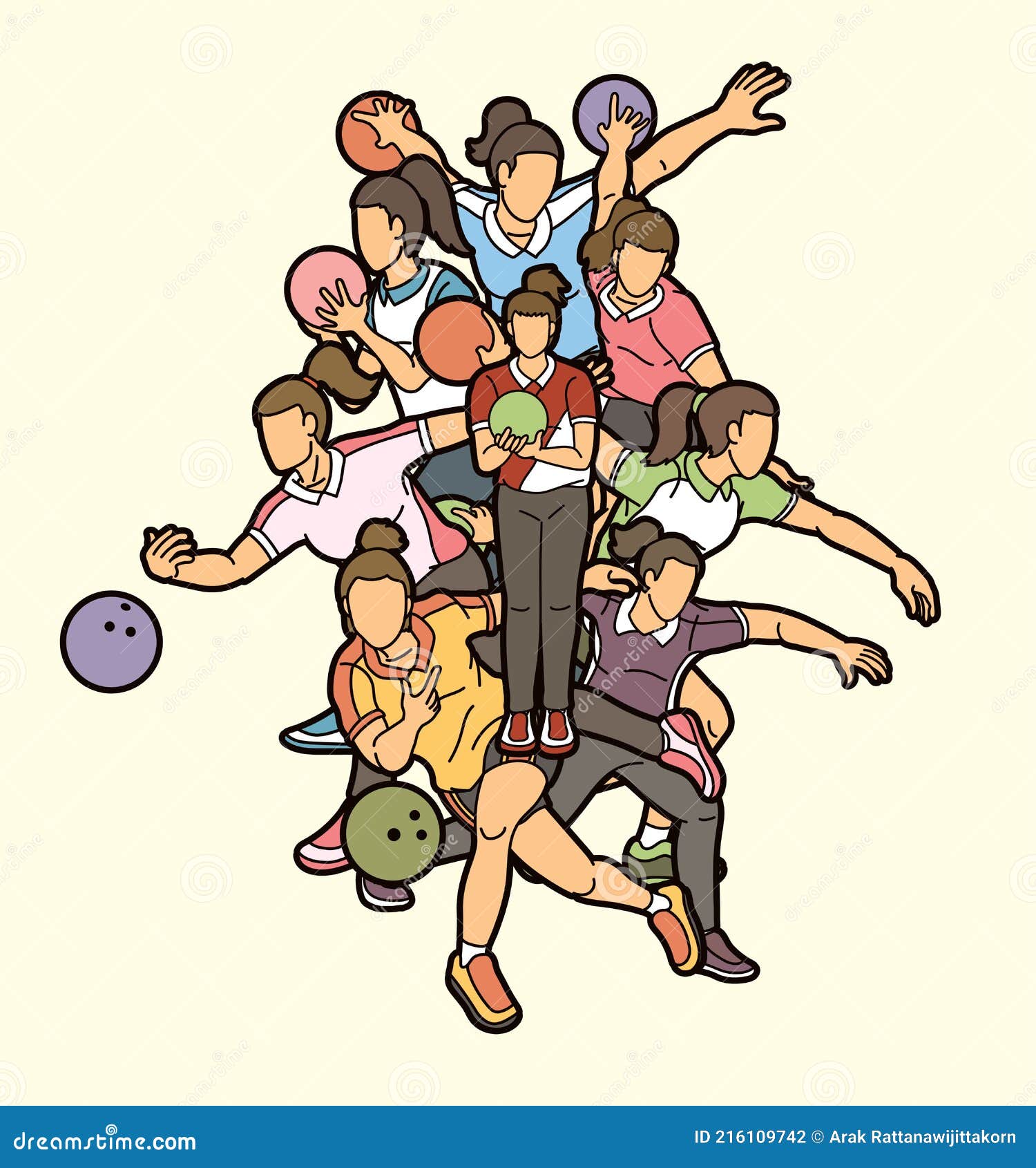 Bowling Sport Players Women Pose Cartoon Graphic Vector Stock Vector ...