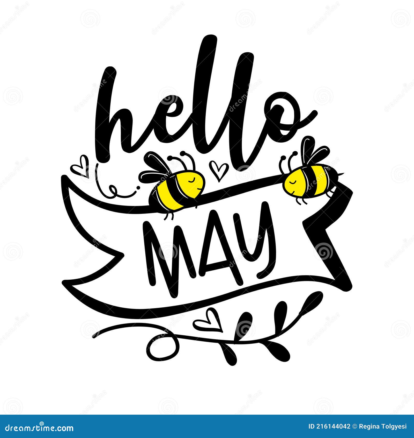 Hello May - Happy Springtime Greeting, with Cute Bees and Hearts Stock ...