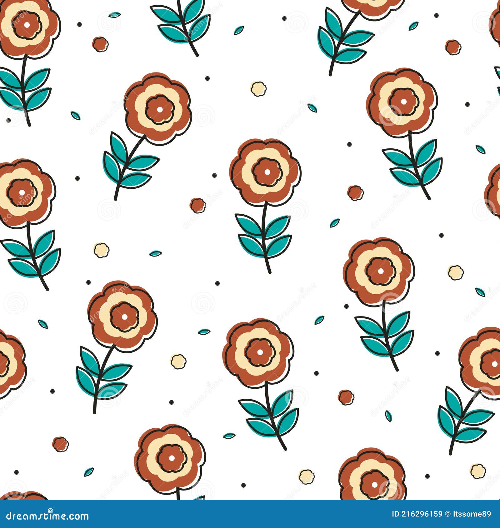 Cute Seamless Pattern with Cartoon Flowers and Leaves for Fabric Print ...