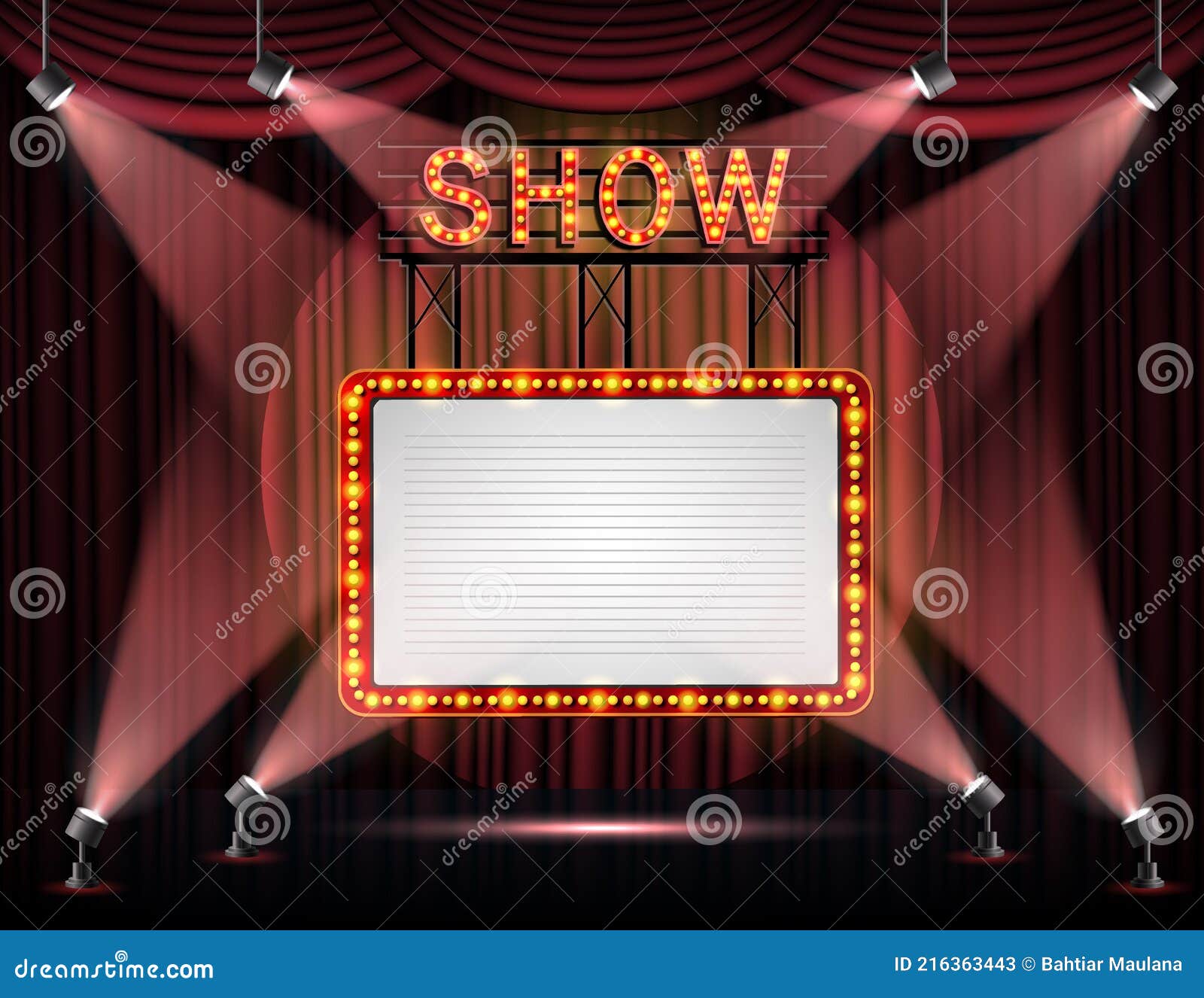 Showtime Banner With Podium And Curtain Illuminated By Spotlights ...