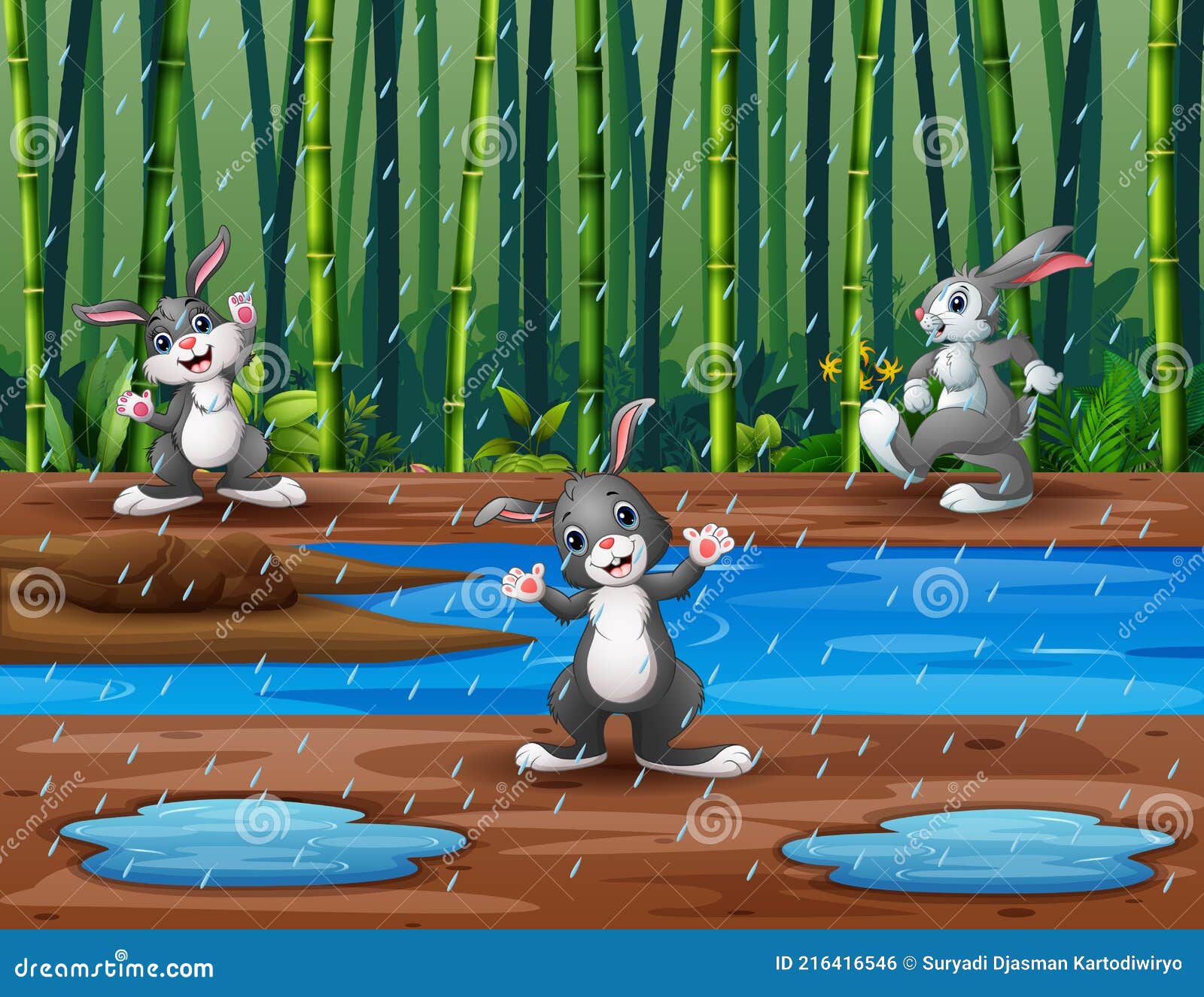 The Three Rabbits Playing Under the Rain Stock Vector - Illustration of ...