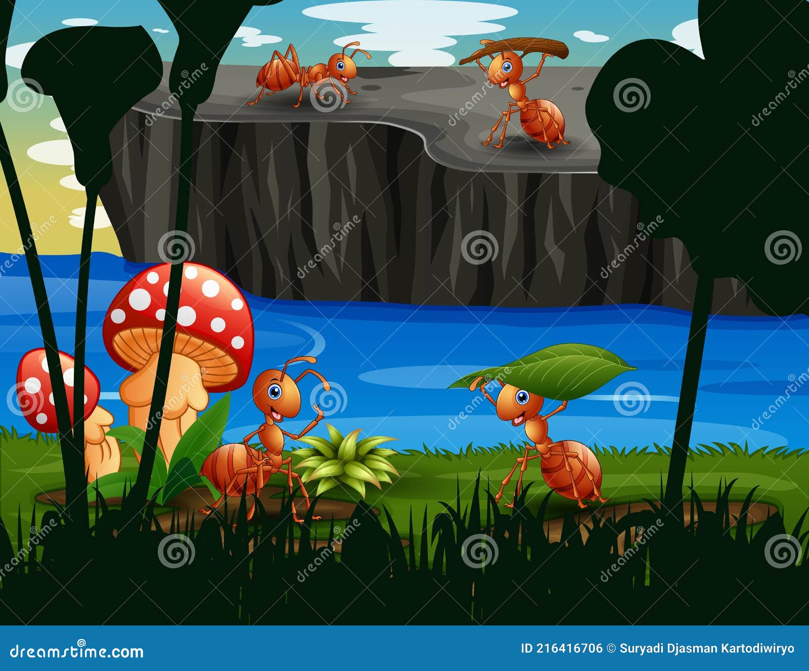 Cartoon Ants Colony Living by the River Stock Vector - Illustration of ...