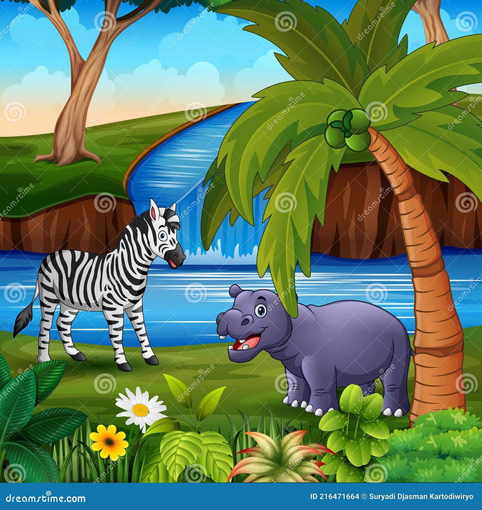 Cute the Animals Enjoying Nature by the River Stock Vector ...