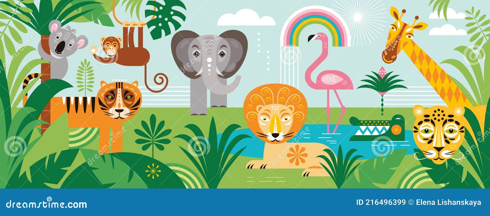 African Jungle Animals And Birds With Grasslands And Meadows Cartoon ...