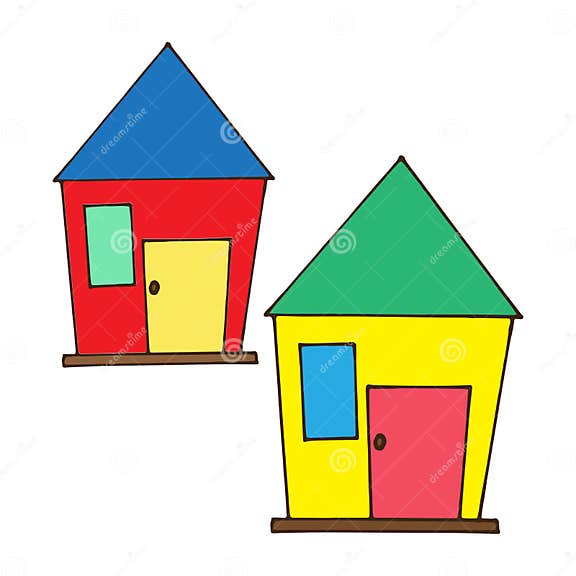 Colorful Two Houses on White Background. Cartoon Style. Hand Drawn ...
