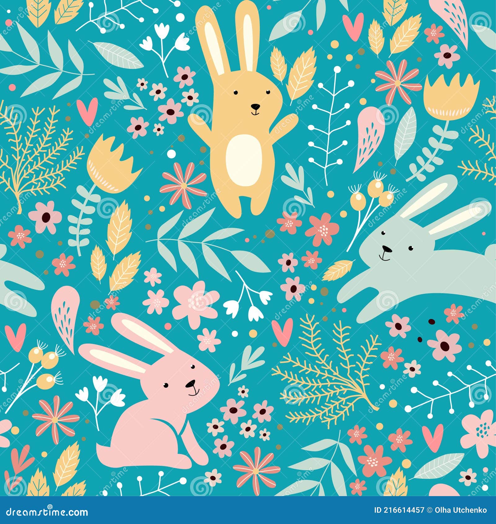 Print. Vector Seamless Spring Pattern with Rabbits and Plants. Stock ...