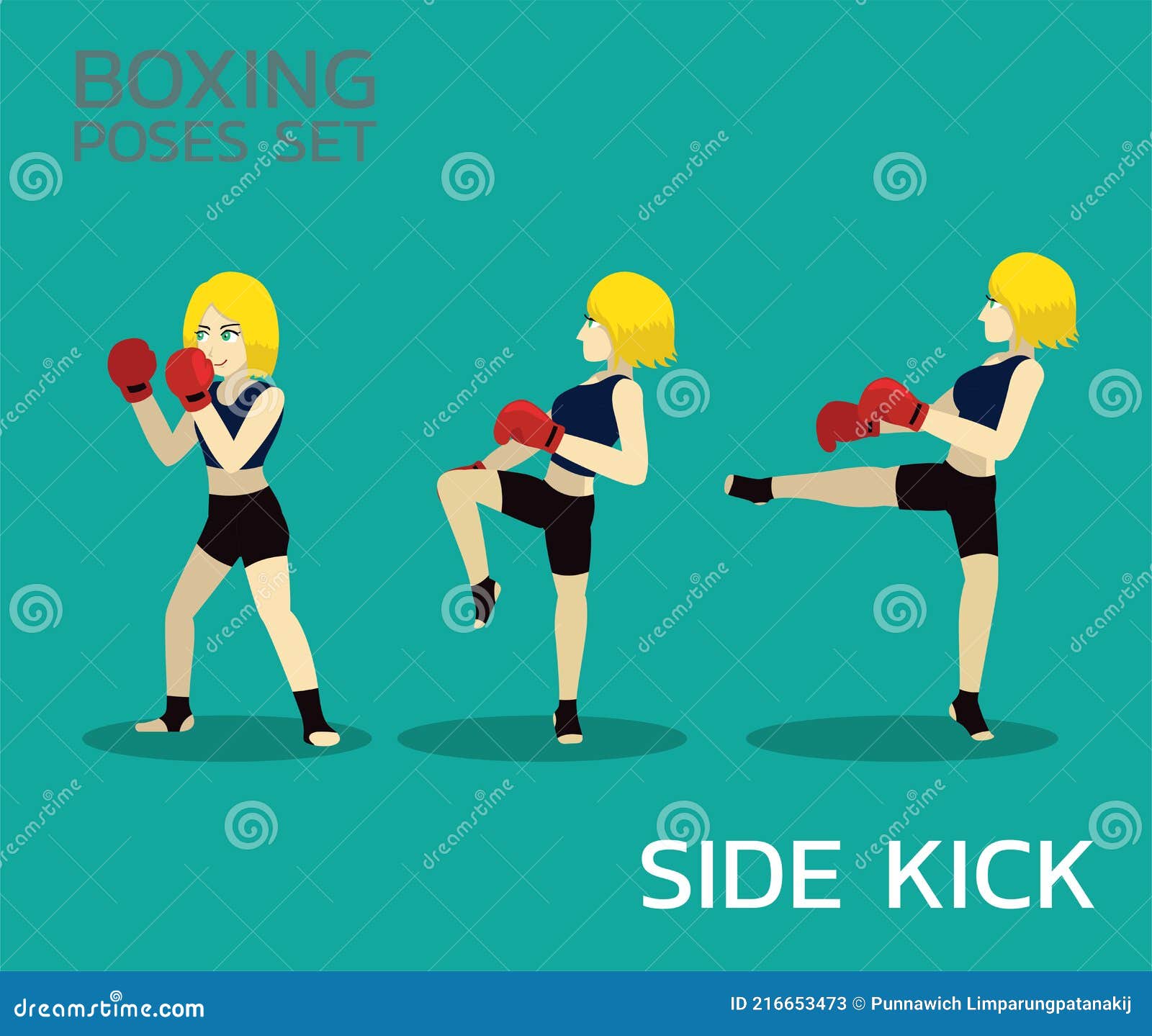 Side Kick Manga Boxing Poses Set Woman Cartoon Vector Illustration ...