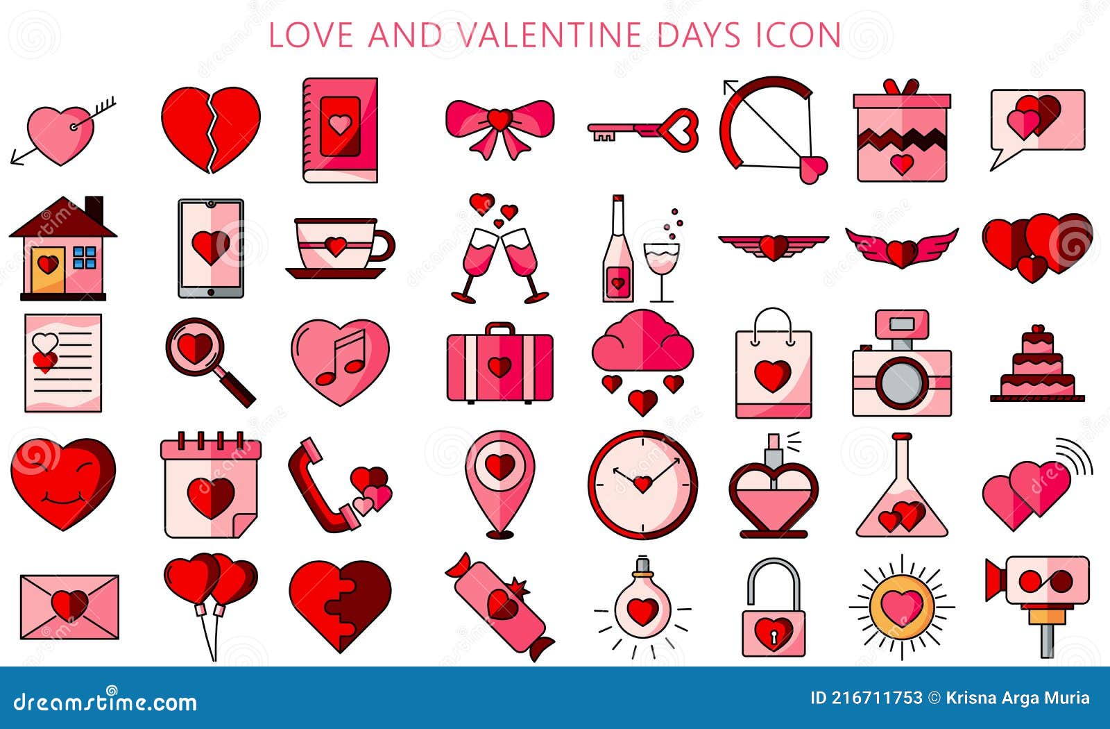 Love and Valentines Day Multicolor with Black Outline Icons Stock ...