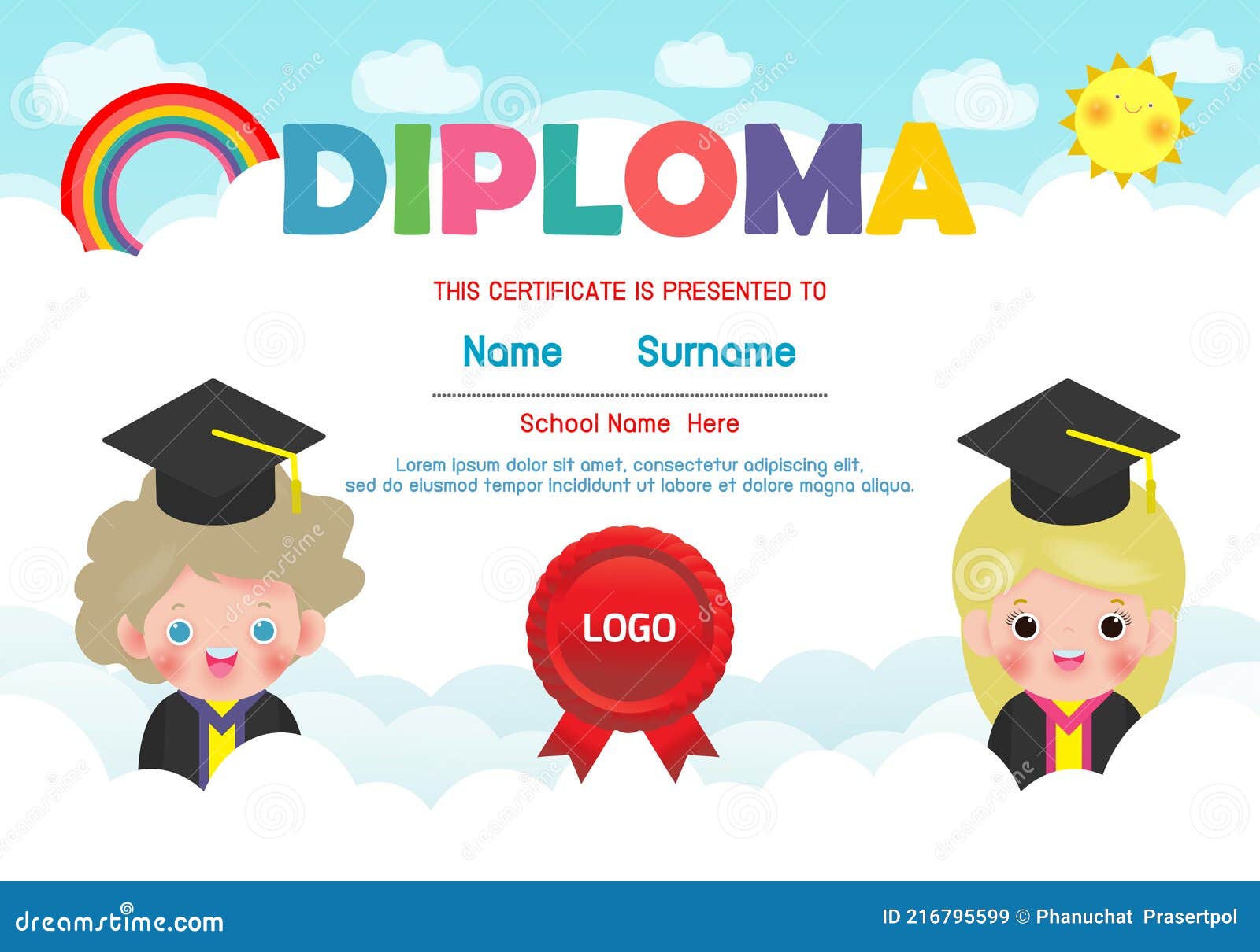 Diploma Template For Kids, Certificates Kindergarten And Elementary ...