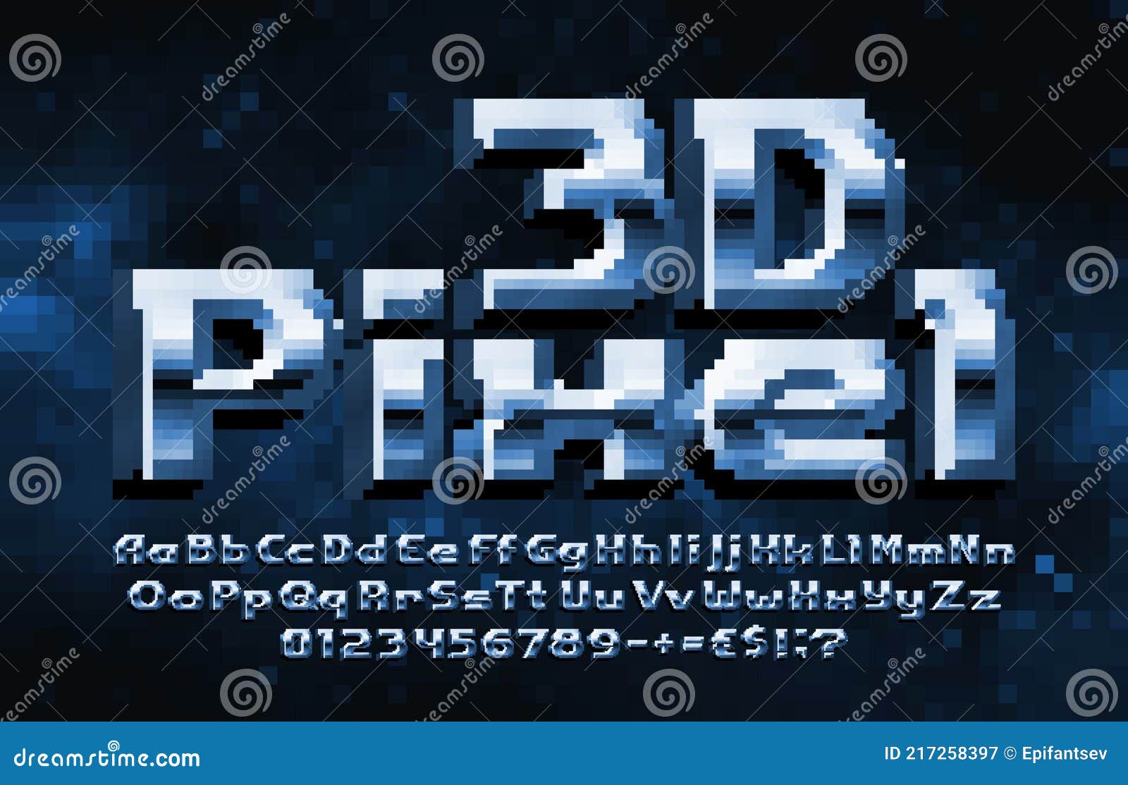 3D Pixel Alphabet Font. Digital Letters, Numbers and Punctuations Stock ...